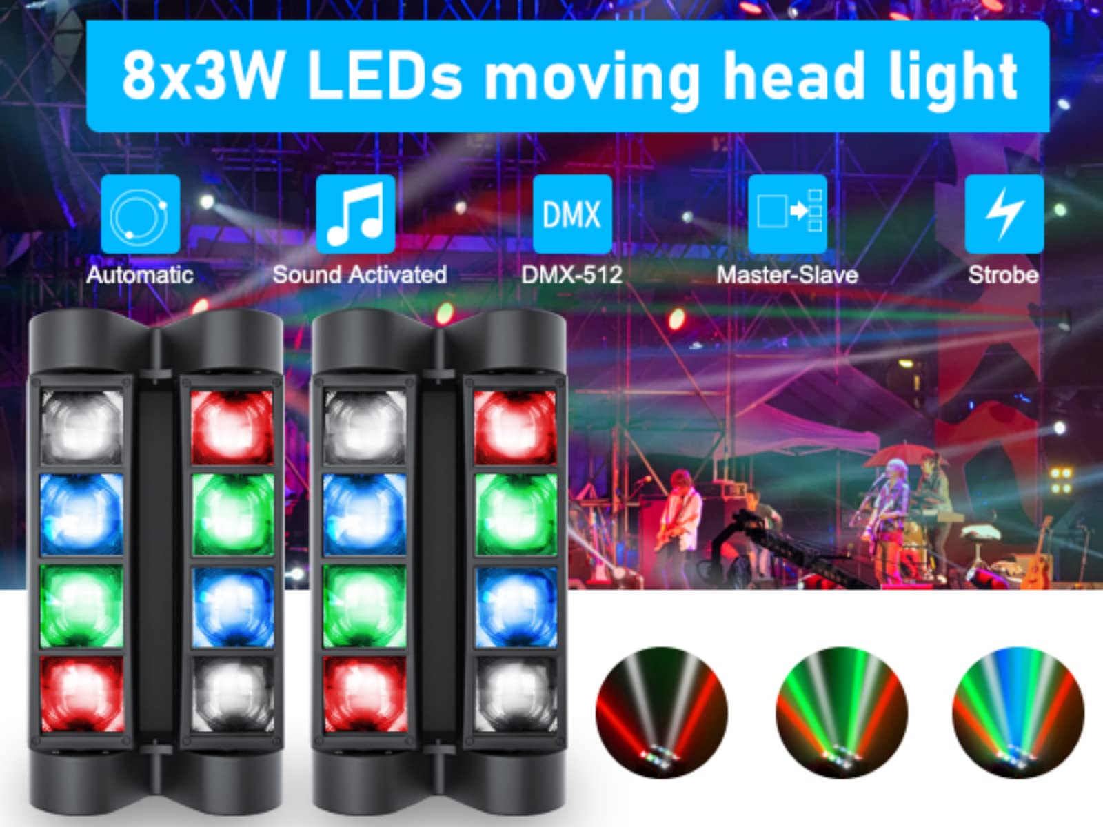 Yunhion LED Stage Lighting, 8x3W RGBW Moving Head Lights, 2 Pack, Sound Activated/DMX-512, Ideal for Parties, Bars, Events, Live Shows