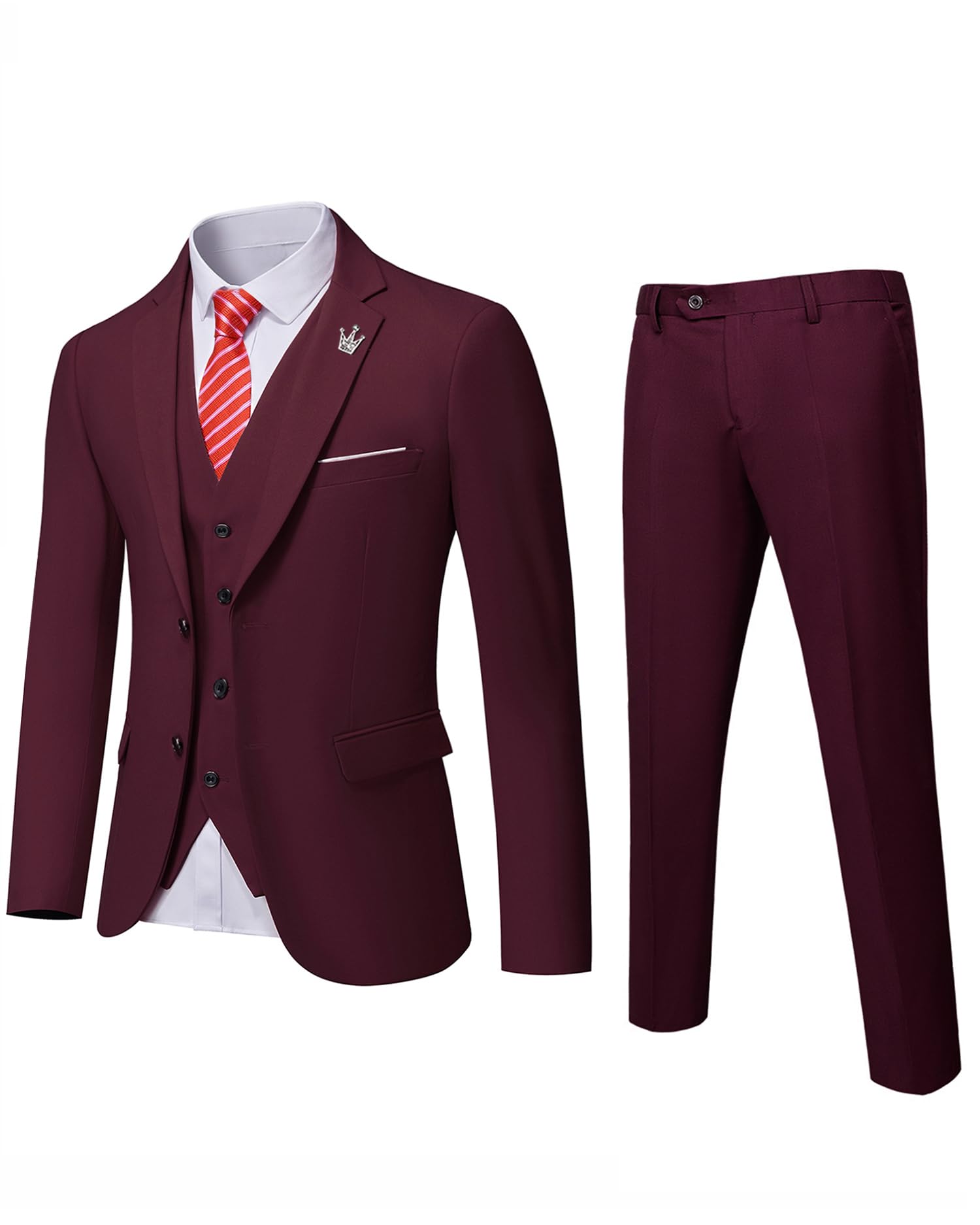 MrSure Men’s 3 Piece Suit Blazer, Slim Fit Tux with 2 Button, Jacket Vest Pants & Tie Set for Party, Wedding and Business Burgundy