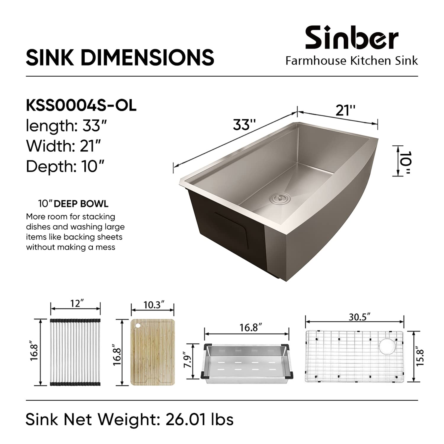 Sinber 33" x 21" x 10" Farmhouse Apron Single Bowl Workstation Kitchen Sink with 16 Gauge 304 Stainless Steel Satin Finish 6 Accessories KSS0004S-OK