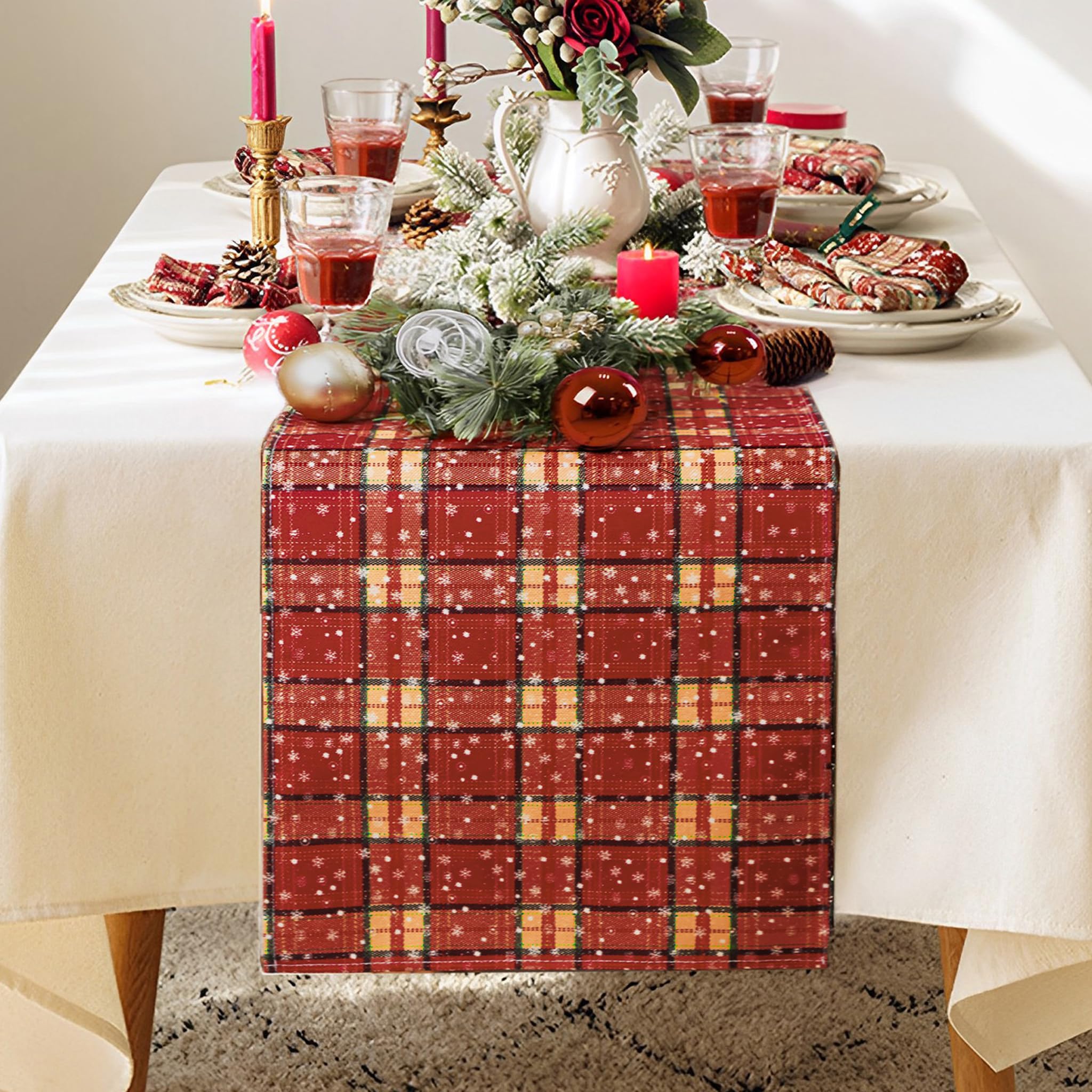 Snowkingdom 13×72 Inch Fall Table Runner Orange White Buffalo Check Plaid Table Runners Autumn Thanksgiving Harvest Home Decor Farmhouse Dinning Room Decoration