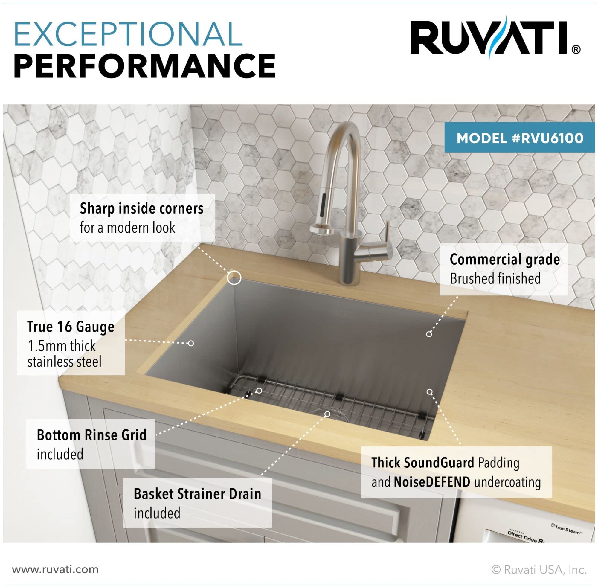 Ruvati 23" x 18" x 12" Deep Laundry Utility Sink Undermount 16 Gauge Stainless Steel - RVU6100