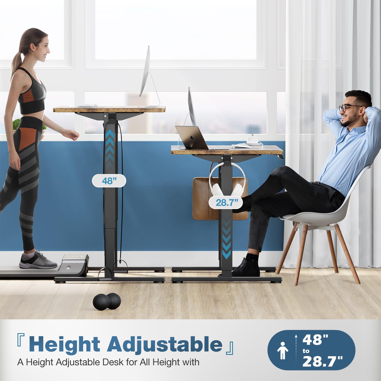 NEWBULIG Electric Height Adjustable Sit Stand Home Office Computer Desks with Drawer, 63" x 24" Inches, Rustic Top and Black Frame