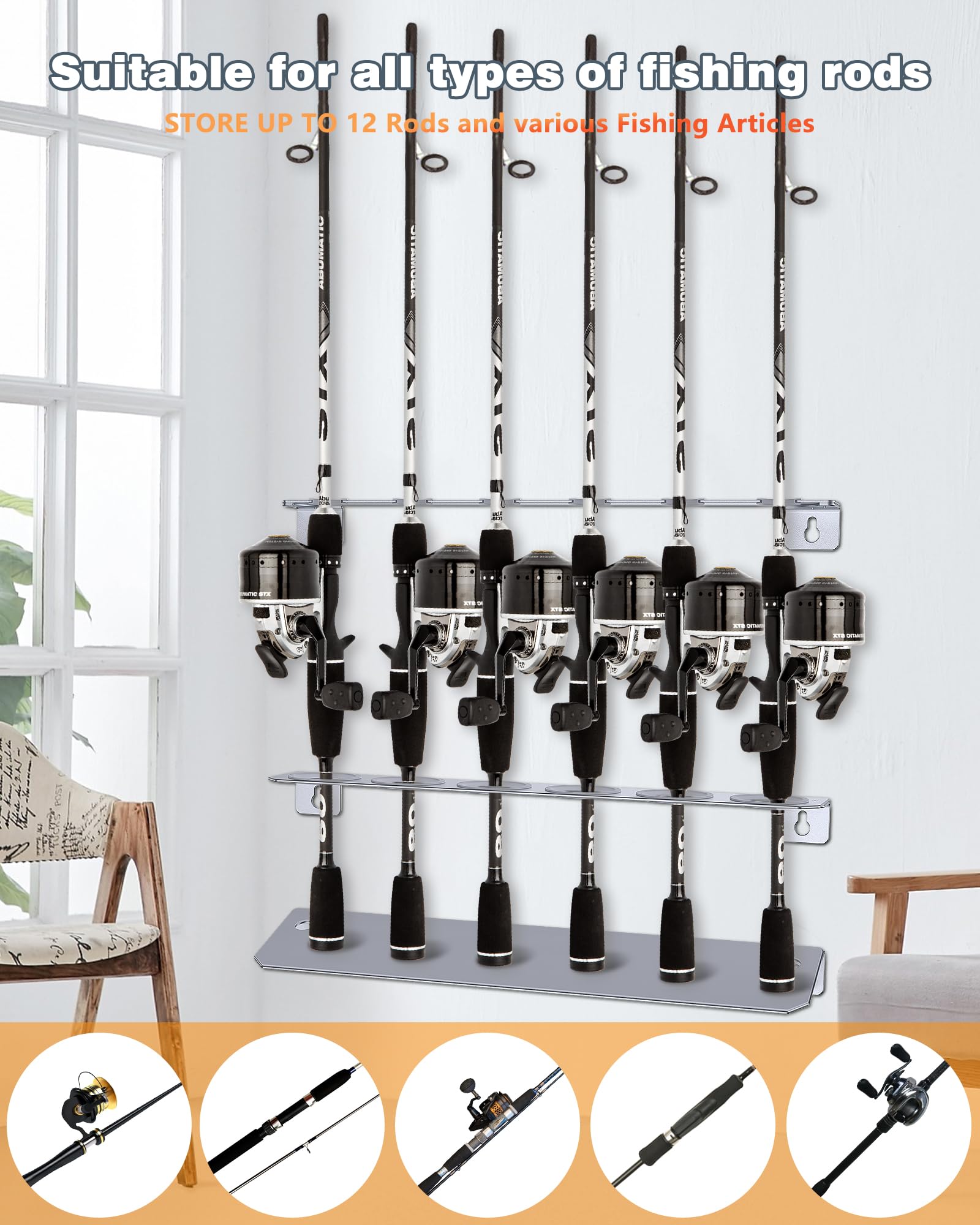 MUSVOH Fishing Pole Holders for Garage,Fishing Rod Holders for Wall- Durable 100% Aluminum Alloy, Rust-Free Design, Wall-Mounted Space-Saving Holder, Easy Rod Access & Long-Term Use