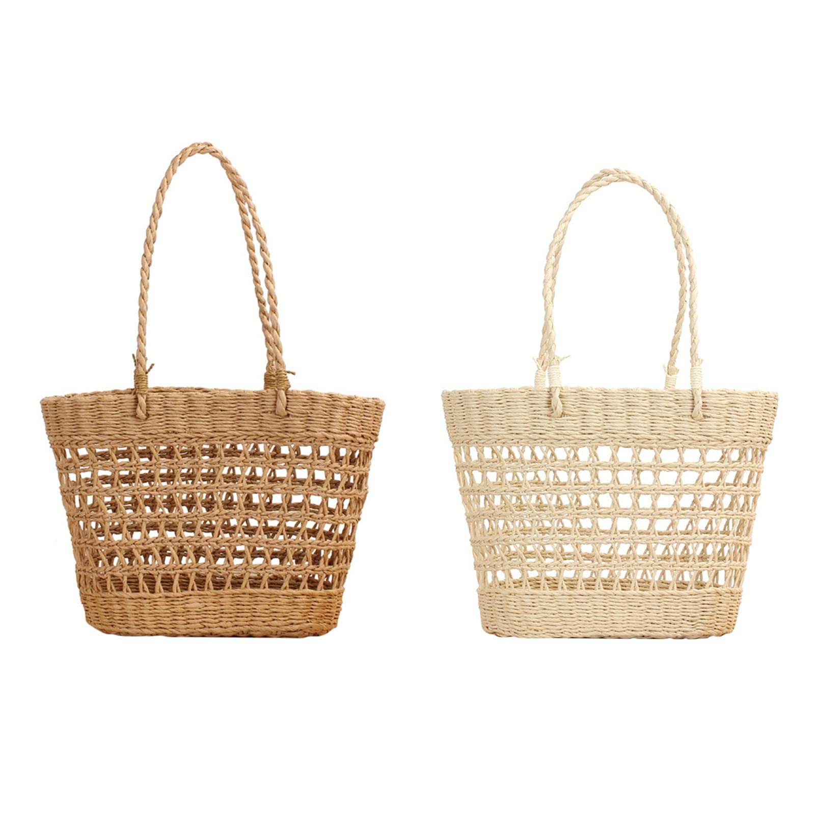 Women Beach Tote Bag, Plain Woven Hollow-Out Straw Beach Crochet Tote Bag Purse Straw Handbag (Camel, One Size)