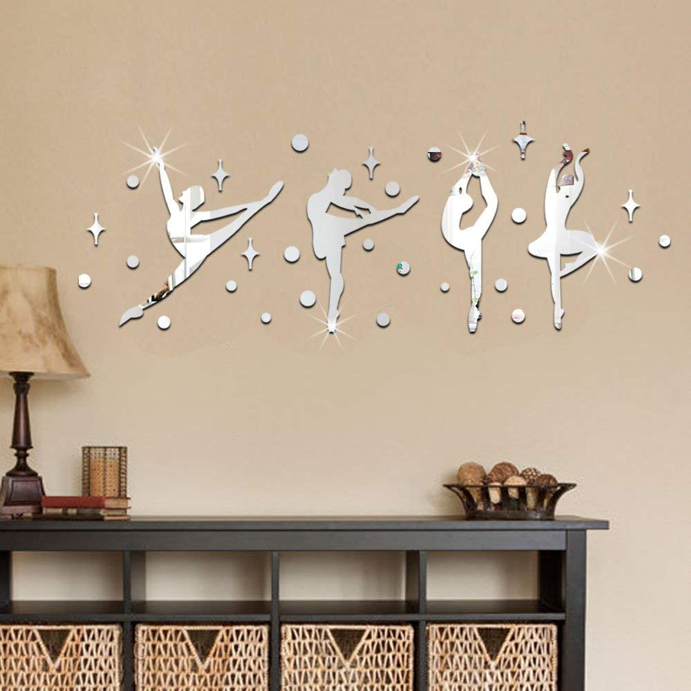 QISHENG Ballet Girl Mirror Dance Classroom Baby Girl's Room Bedroom Wall Stickers 39.4x14.2" (Silver)
