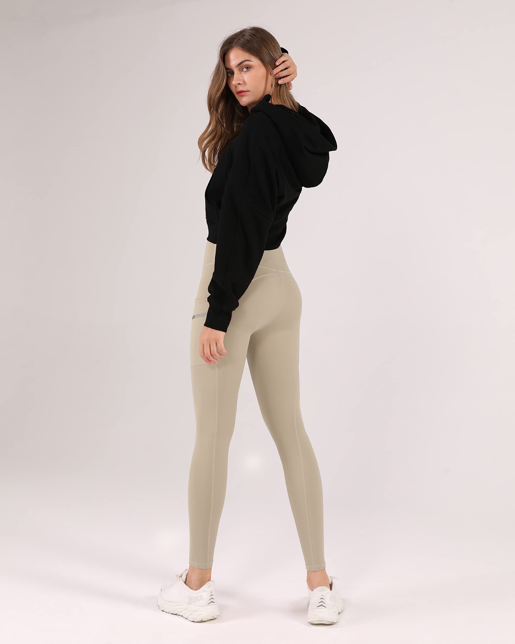 ODODOS Women's High Waisted Full-Length Dual Pockets Workout Leggings, Yoga Running Gym Athletic Leggings, Dark Beige, X-Large