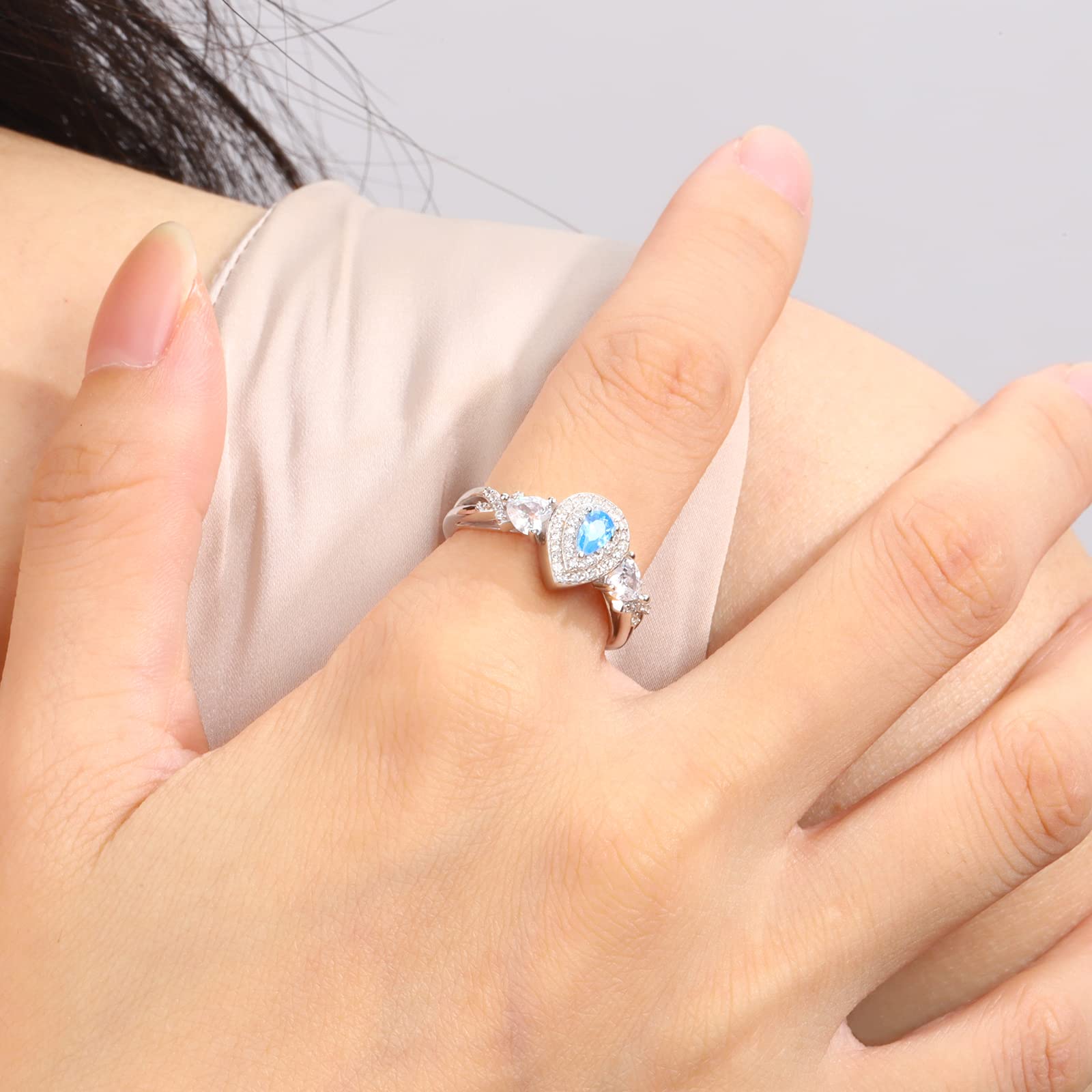 Teardrop Urn Rings for Ashes for Women - 925 Sterling Silver cremation jewelry Keepsake Hold Loved Ones Ashes,Memorial Wedding Ring for Girls (7) (C. Blue-March, 7)