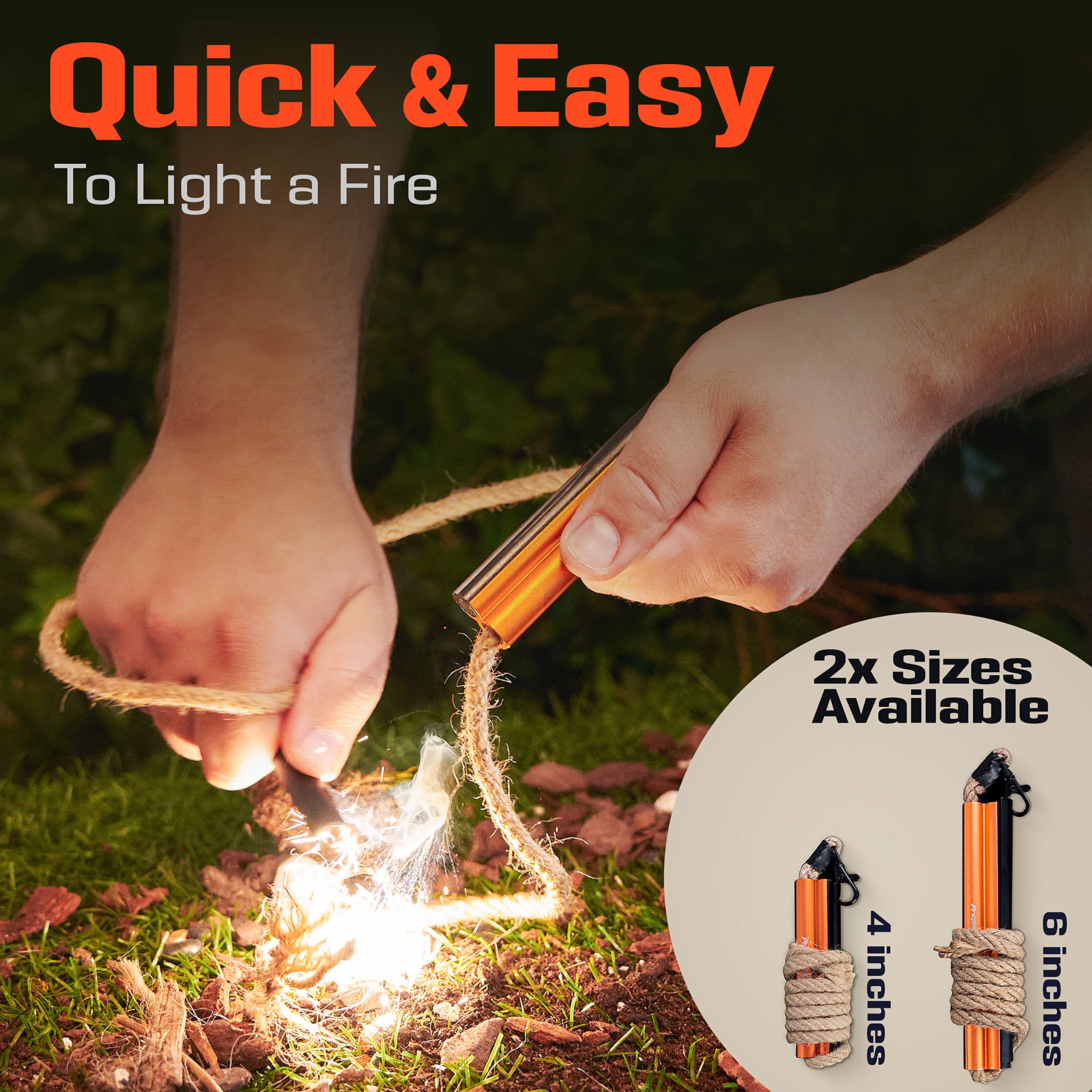 PREPARED4X Fire Starter Survival Tool – Ultimate All-in-one Ferro Rod, Flint and Steel, 36" Waterproof Tinder Wick Rope, Patented Fire Starter Kit – 6” x 1/2” Fire Steel (Large)