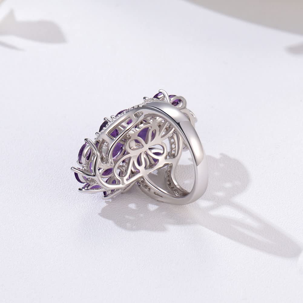 supermodel Nature Leaf Flower Ring Long Statement Cocktail Finger Accessories for Women Sterling Silver Wide Band Purple Amethyst Gemstone Ring Size 8