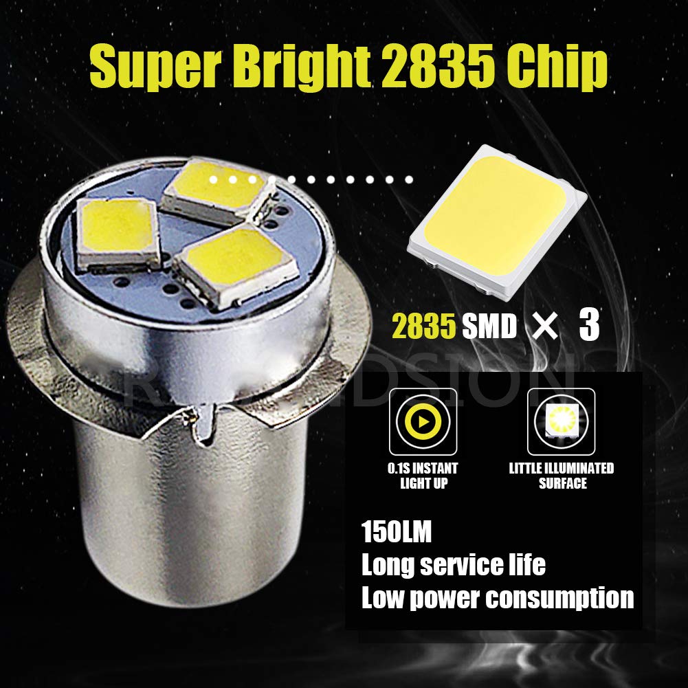 Ruiandsion 2pcs P13.5S LED Bulb 18V White 2835 3SMD Chips LED Bulb Upgrade for Flashlights Torch Light,Non-Polarity