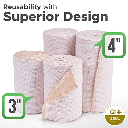 Premium Elastic Bandage Wraps (4" 2pack & 3" 2Pack) Hook & Loop Fastener at One End - GT Latex Free Roll for Sprains & Injuries