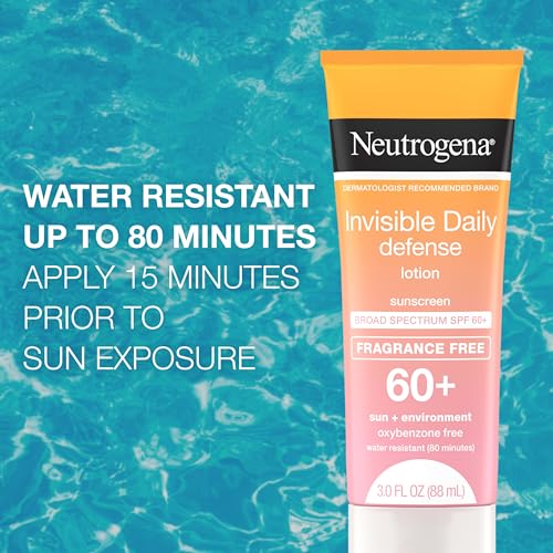 Neutrogena Invisible Daily Defense Fragrance-Free Sunscreen Lotion, Broad Spectrum SPF 60+, Oxybenzone-Free & Water-Resistant, Sun & Environmental Aggressor Protection, 3.0 fl. oz