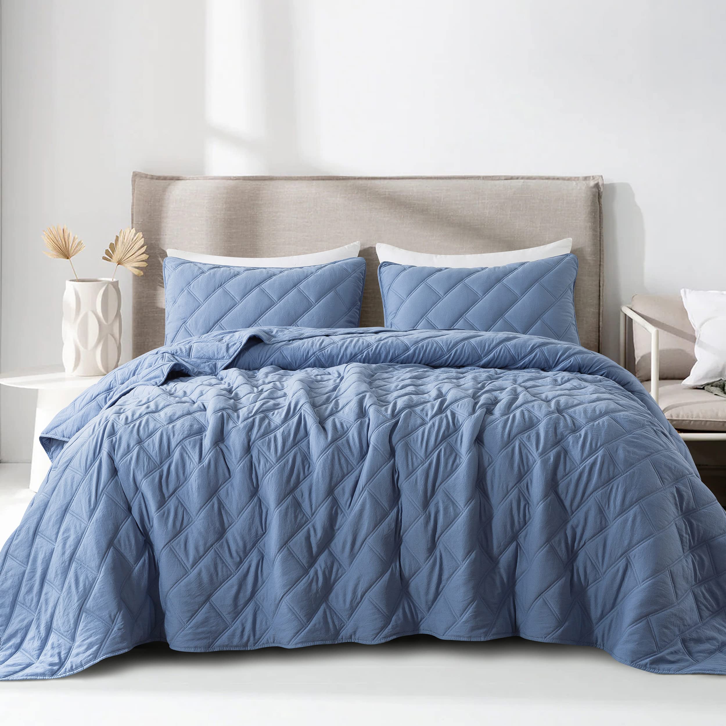 palassio Blue Quilt Queen Size Bedding Sets with Pillow Shams, Lightweight Soft Bedspread Coverlet, Quilted Thin Blanket Comforter Bed Cover for All Season Spring Summer, 3 Pieces, 90x90 inches