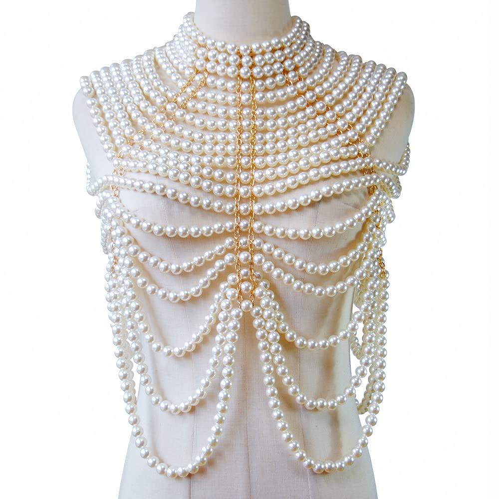 YWCUTECPunk bust chain double shoulder chain pearl party wedding dress accessories for girls and women