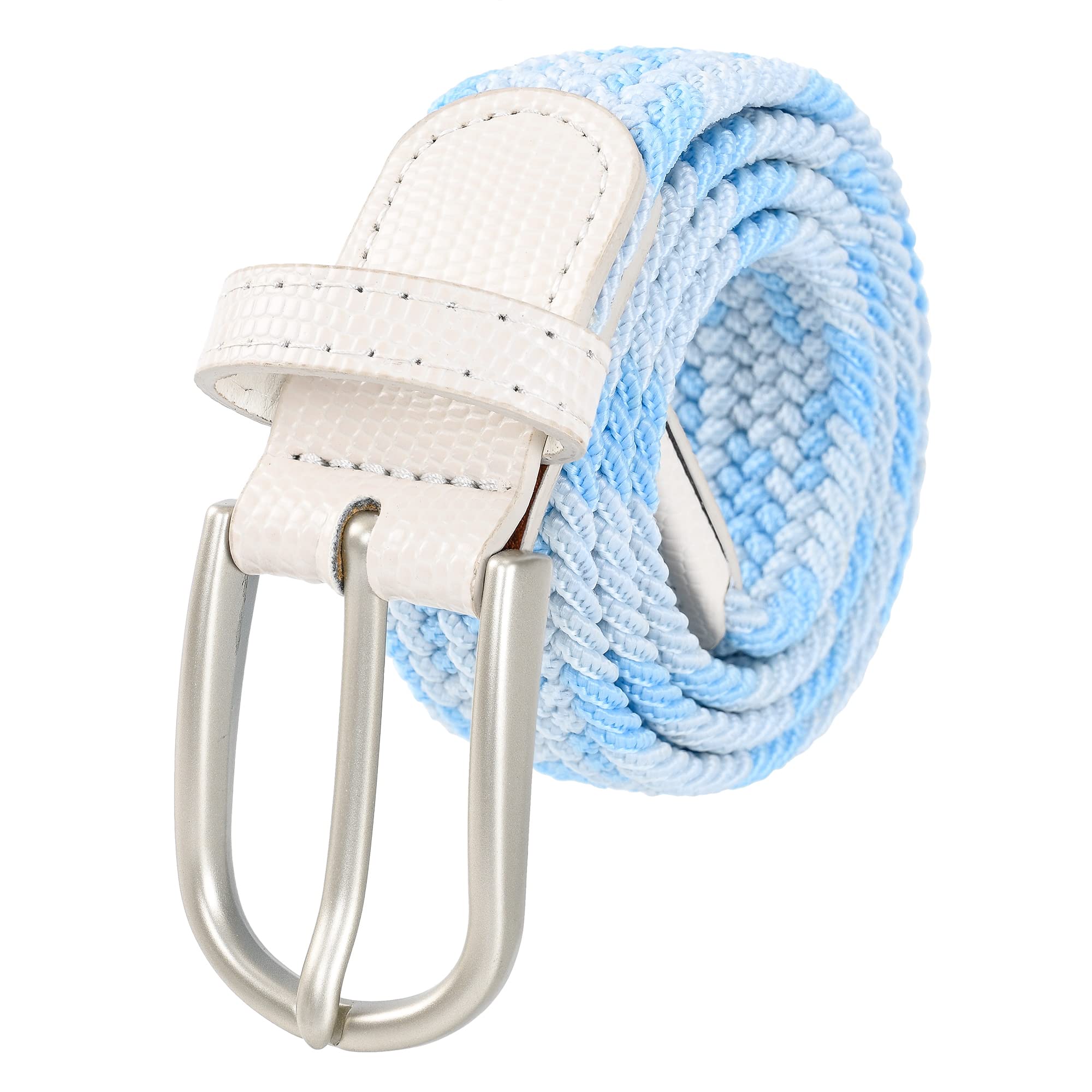 univo colors Multicolor Braided Golf Belt Elastic Stretch Oval Satin Nickel Pin Buckle Leather Loop End Tip(Blue White XXS)
