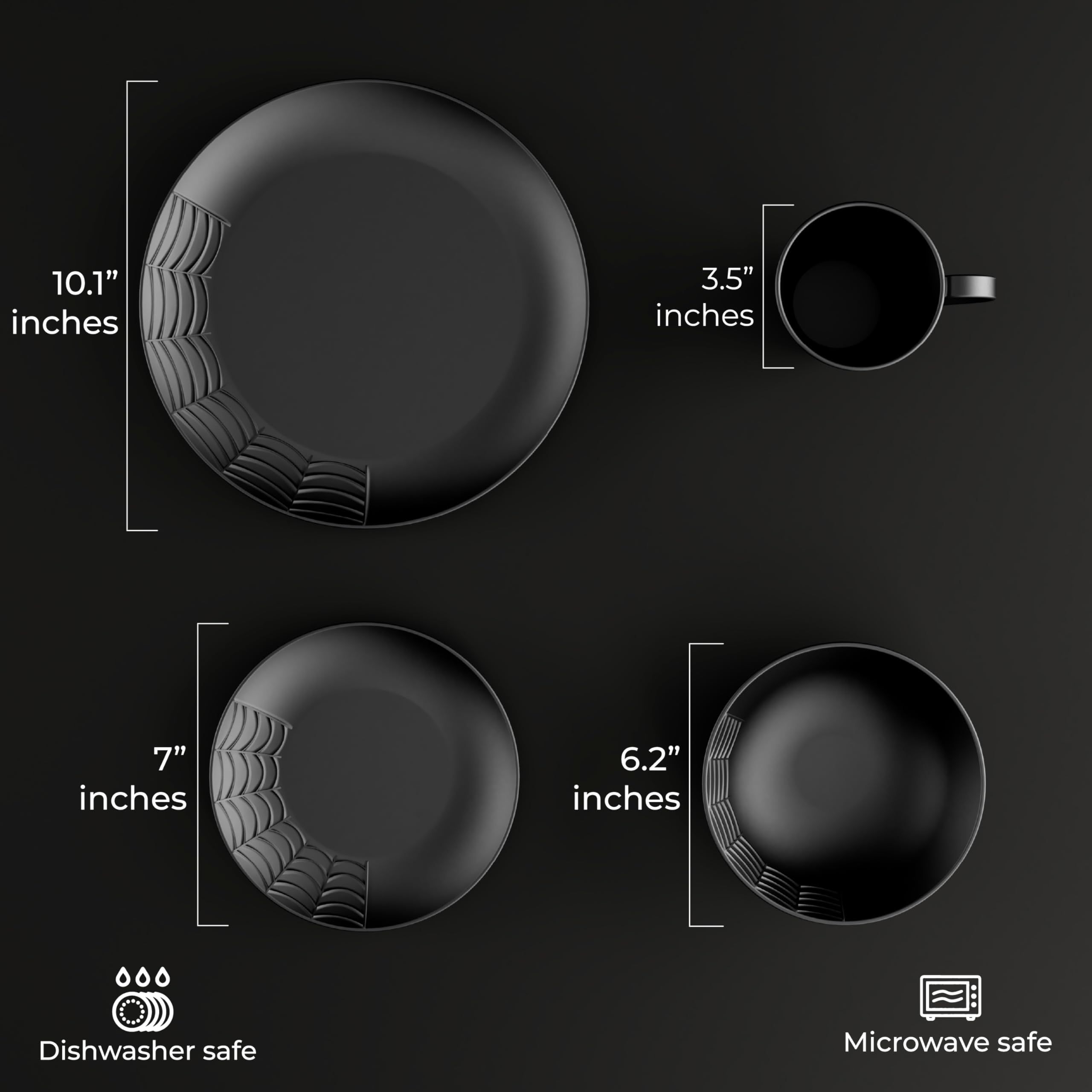 Nomnu Spiderweb Dinnerware Set (16 Pieces) - Gothic Kitchen Decor - Black Matte Porcelain Gothic Dinnerware Set: 4 Dinner Plates 4 Salad Plates 4 Bowls 4 Mugs - Spiderweb Decor Halloween Spooky Gifts