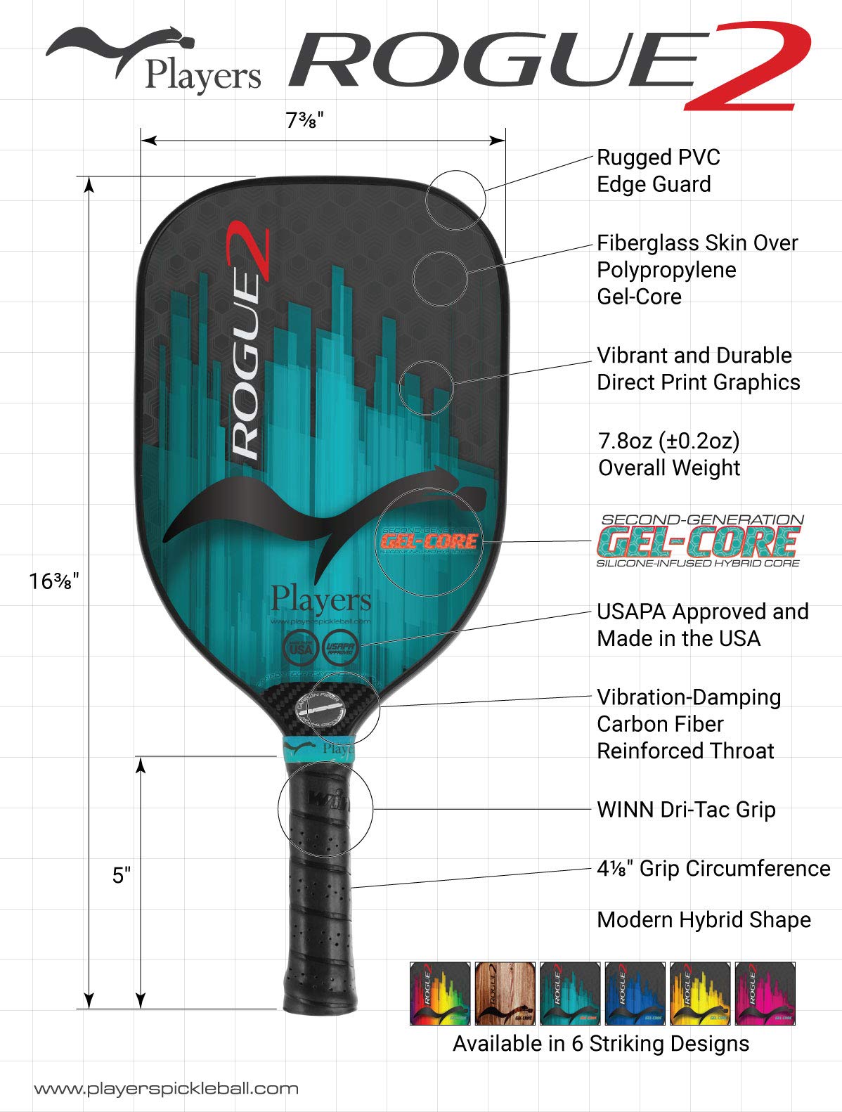 Rogue2 Second Generation Gel-Core Pickleball Paddle USAPA Approved and Made in The USA (Blue)