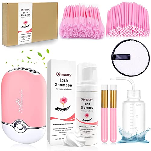 Qiveaory 150ml/5.07fl.oz Eyelash Extension Cleanser Extension Lash Shampoo Brush Mini USB Portable Lash Fan Mascara Brush Disposable Microbrush Wash Bottle Reusable Makeup Remover Pad Gentle Cleaning