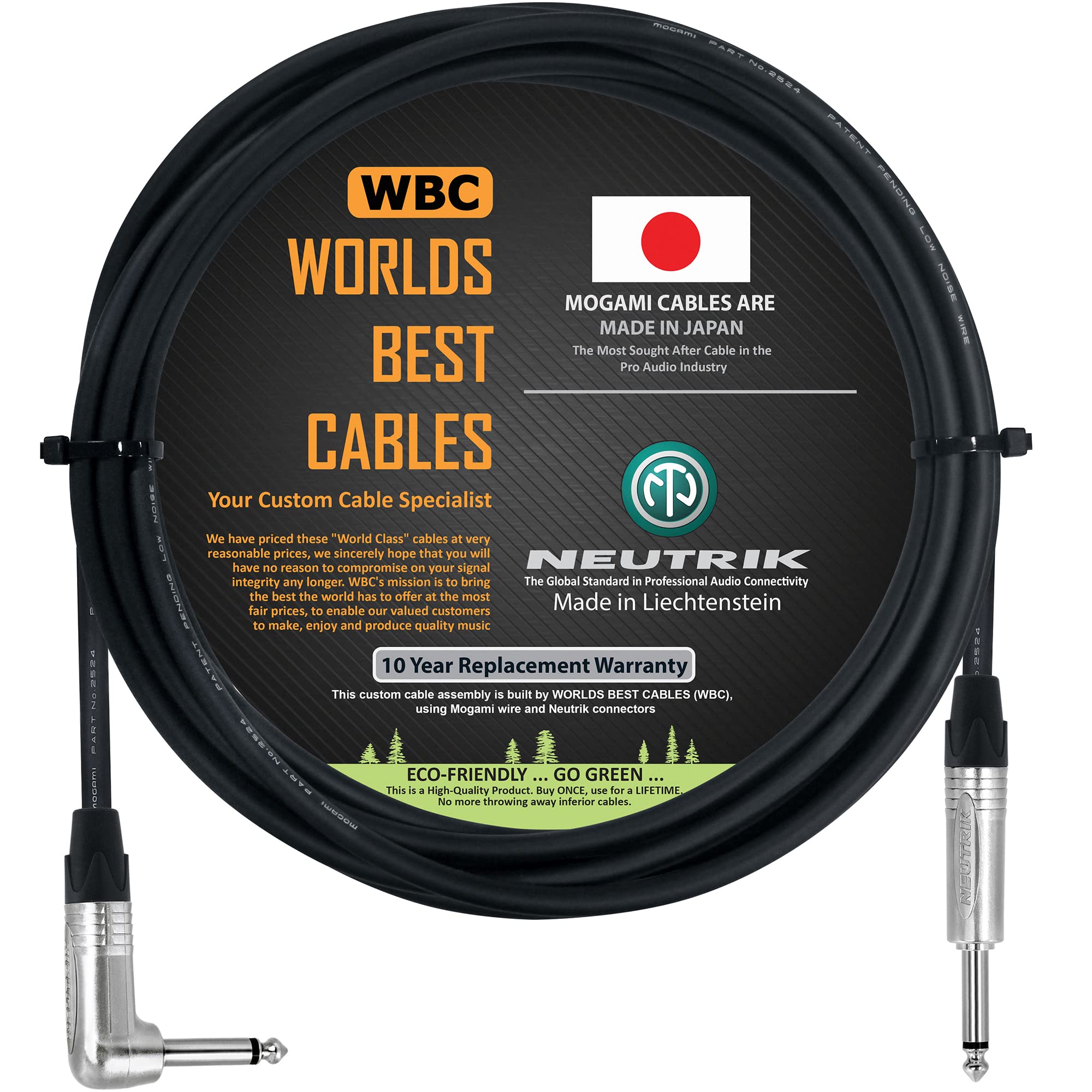 WORLDS BEST CABLES 12 Foot - Guitar Bass Instrument Cable Custom Made Using Mogami 2524 Wire and Neutrik NP2RX & NP2X ¼ Inch (6.35mm) TS Connectors