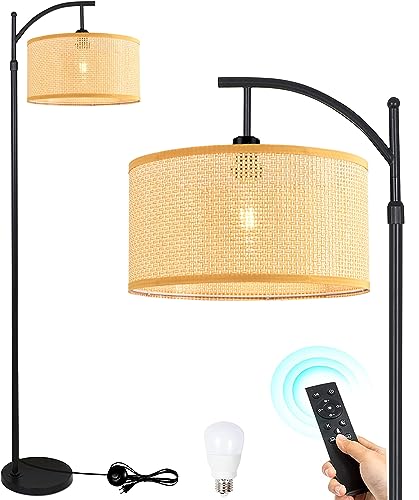 QIYIZM Floor Lamp with Remote Arc Boho Rattan Standing Lamp,Farmhouse Dimmable Industrial Black Wicker Floor Light Rustic Adjustable Tall Lamp,Bamboo Lamp Shade Floor Lamps for Living Room Bedroom