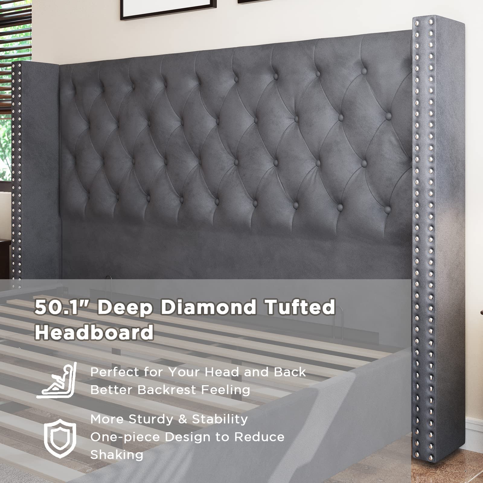 PaPaJet Lift Up Storage Bed King Size Upholstered Platform Bed Frame Button Tufted Wingback Headboard Hydraulic Lifting Storage Underneath/Wood Slats Support/Easy Assembly/Black