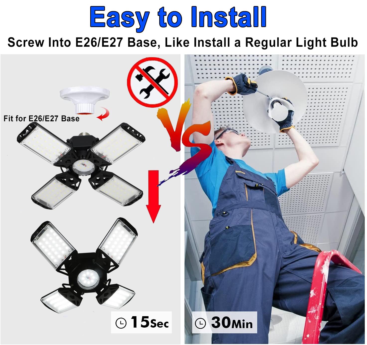 QiyuanLS 2 Pack 60W LED Garage Lights, Deformable Garage Light with 3 Adjustable Wings, 6000LM, E26 LED Shop Light, Barn Light, High Bay Light, Ceiling Lighting Fixture for Warehouse