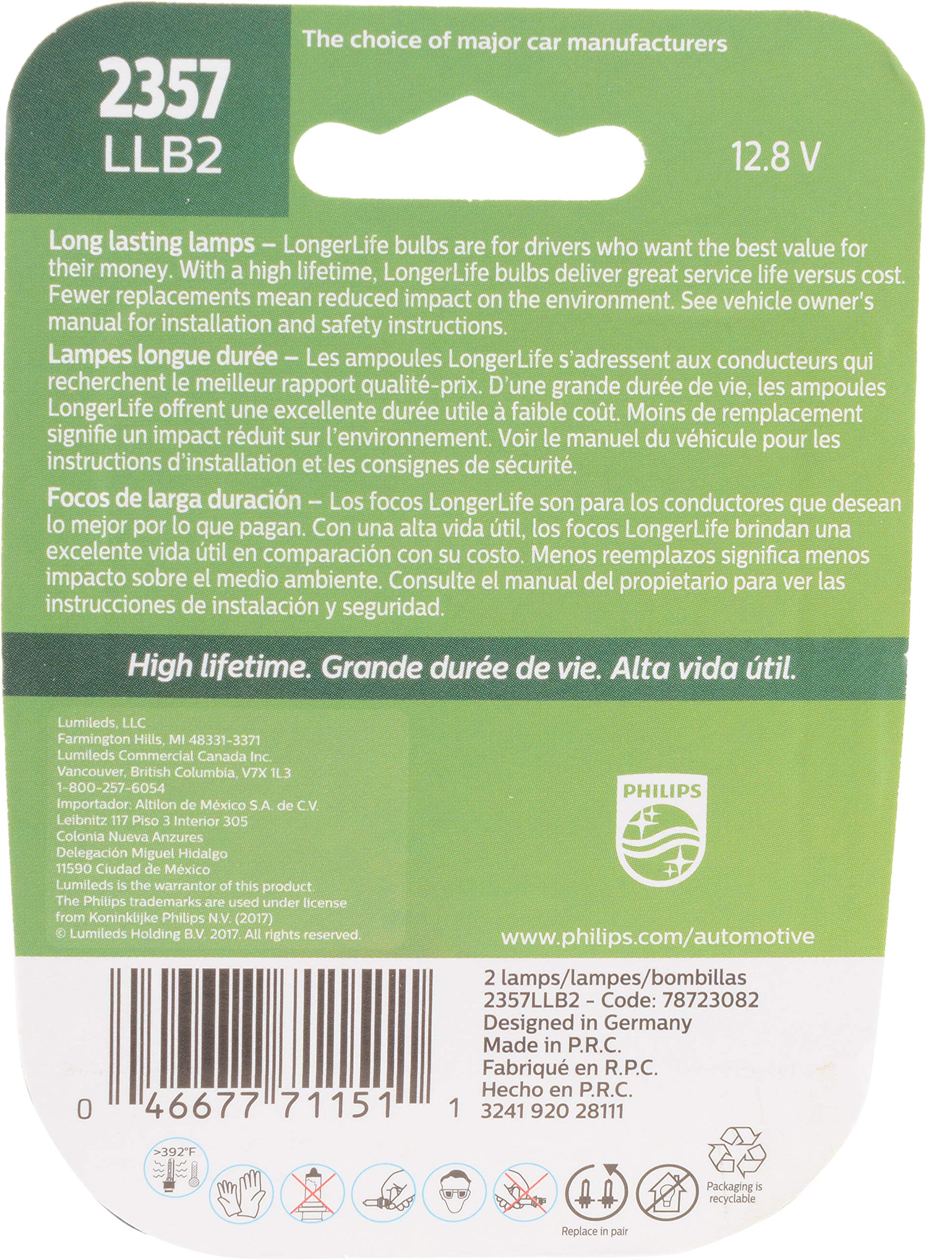 Philips automotive lighting 2357 LongerLife Miniature Bulb, 2 Pack (2357LLB2)