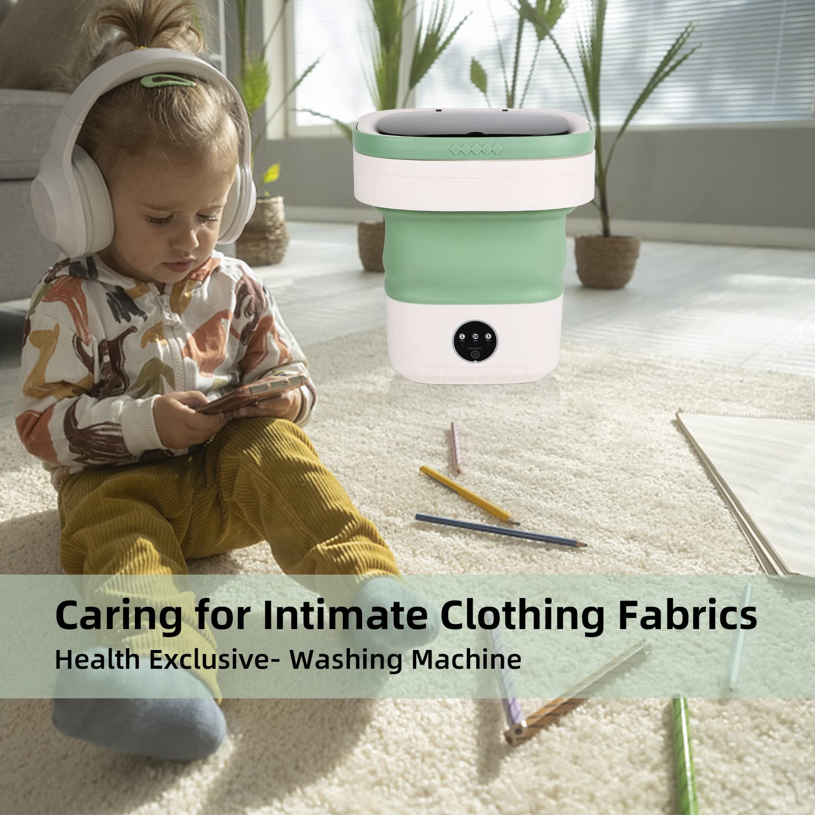 Portable Washing Machine, 7.5L 3-Speed Adjustment Mini Foldable Washer with Drain Basket USB Compact Outdoor Washing Machine for Underwear, Sock, Suitable for Travel, Camping,RVs(Fresh Green)