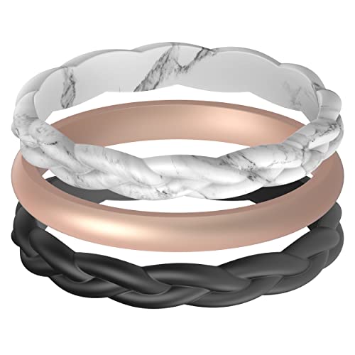 ThunderFit Women Silicone Wedding Bands - Stackable Rings Pack (Set of 3) - Unique Designs (Black, Light Marble, Rose Gold A - Size 7.5-8 (18.2mm))