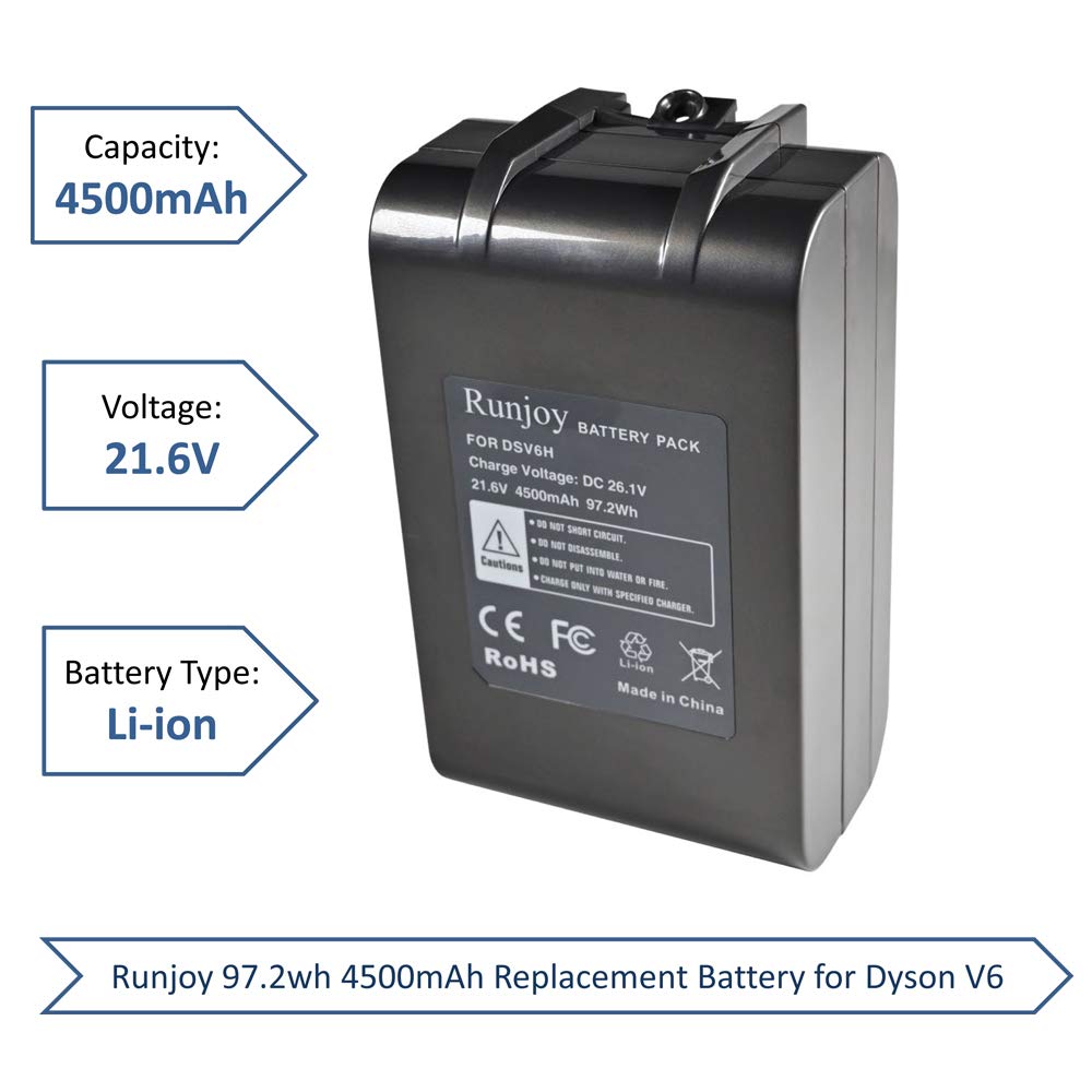 Runjoy 97.2Wh 4500mAh Replacement Battery for Dyson V6, high Capacity, Compatible with Dyson V6/DC58/59/62/72/74/SV03/04/06/07/09 etc. Vacuum Cleaner.