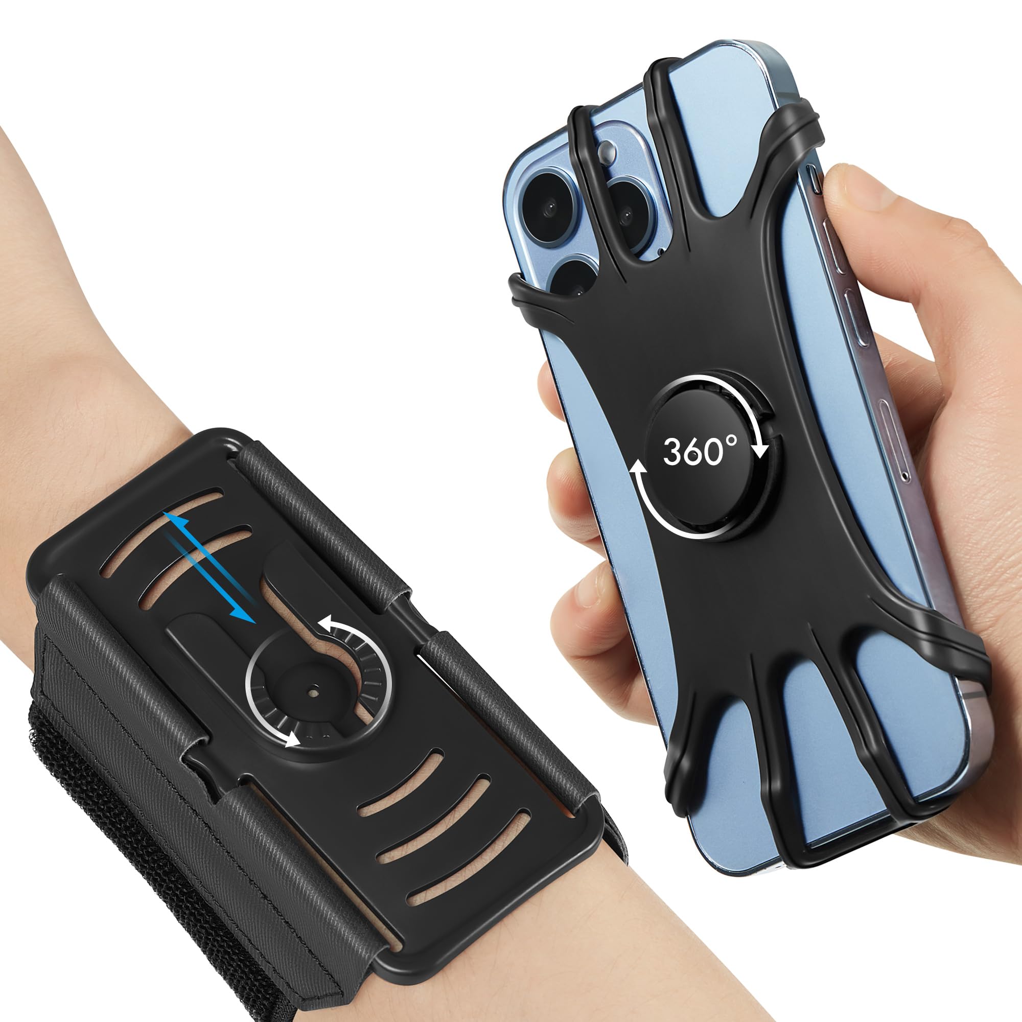 Newppon Phone Holder for Running Armband : Detachable Cell Phone Wristhband Case -360° Rotatable Universal Large Mobile Carrier Compatible with iPhone Samsung Galaxy for Workout Exercise Sports