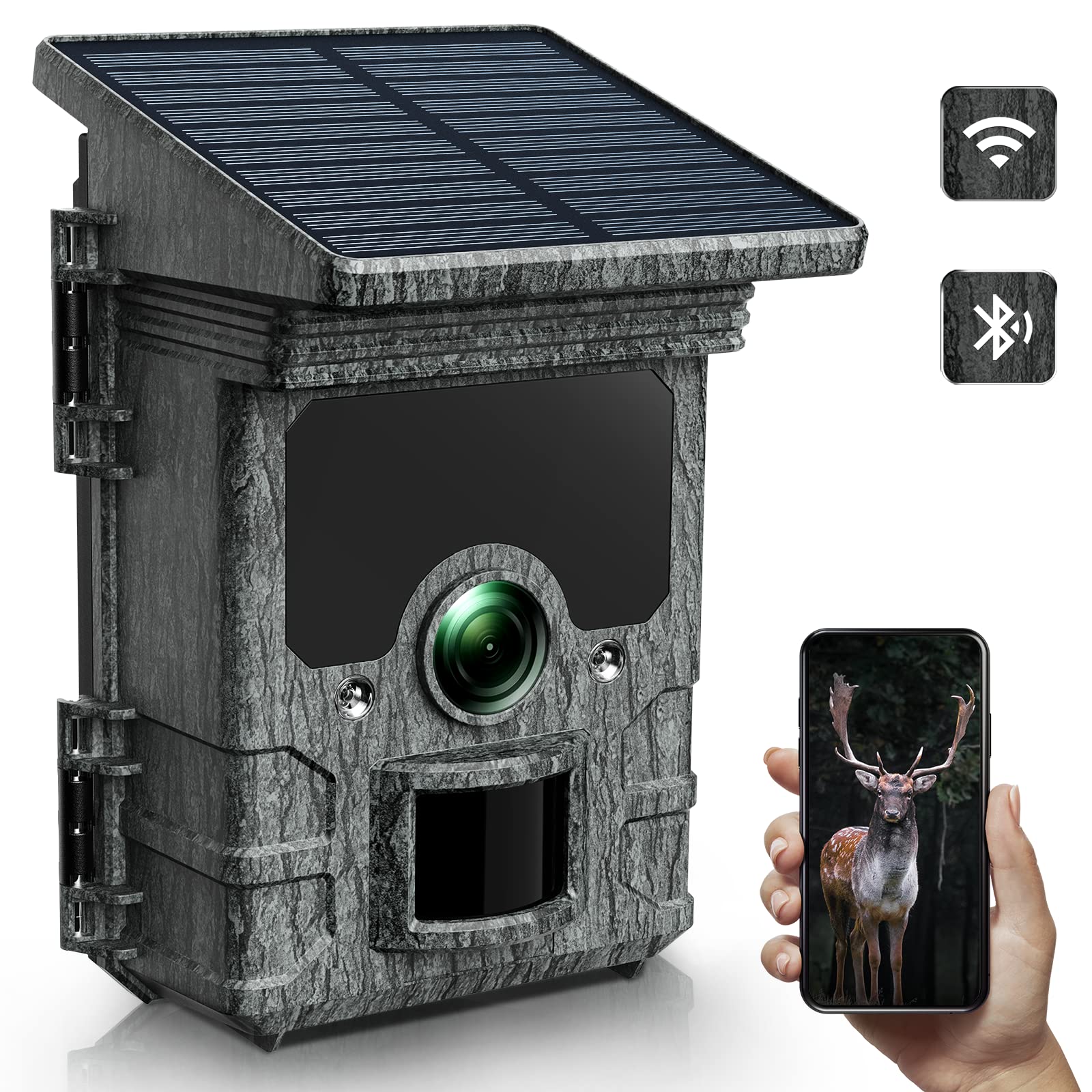 VOOPEAK Solar Trail Camera 4K 30fps - WiFi Bluetooth 46MP Hunting Game Camera - 120° Detection Angle Motion Sensor Night Vision IP66 Waterproof for Wildlife Trace