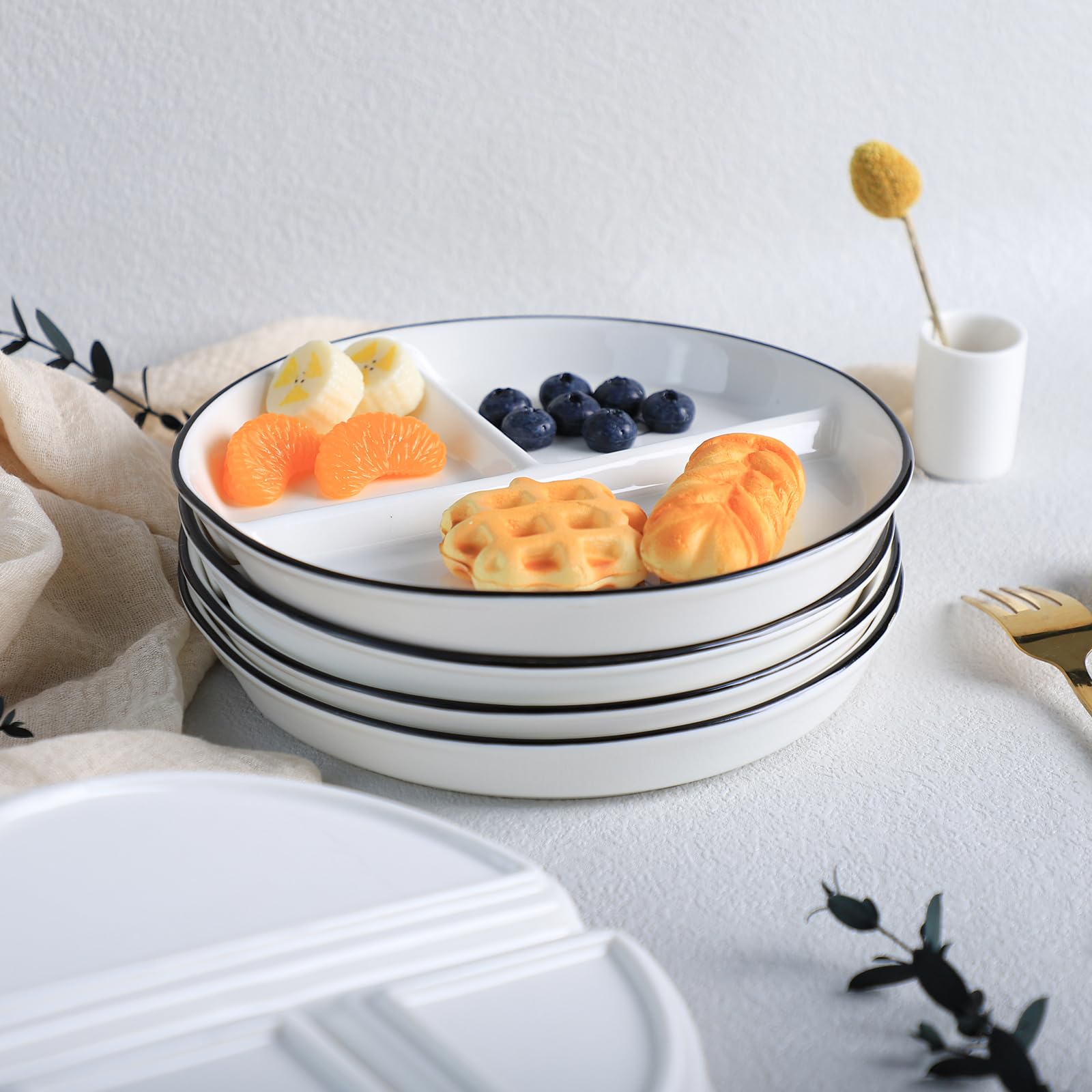 SOCOSY Ceramic 3-Compartment Portion Control Plate Divided Dish Platters, Divided Dessert Plate Salad Plate Dinner Plate Snack Dishes, Appetizer Serving Trays, 1 PCS-White-8 Inch