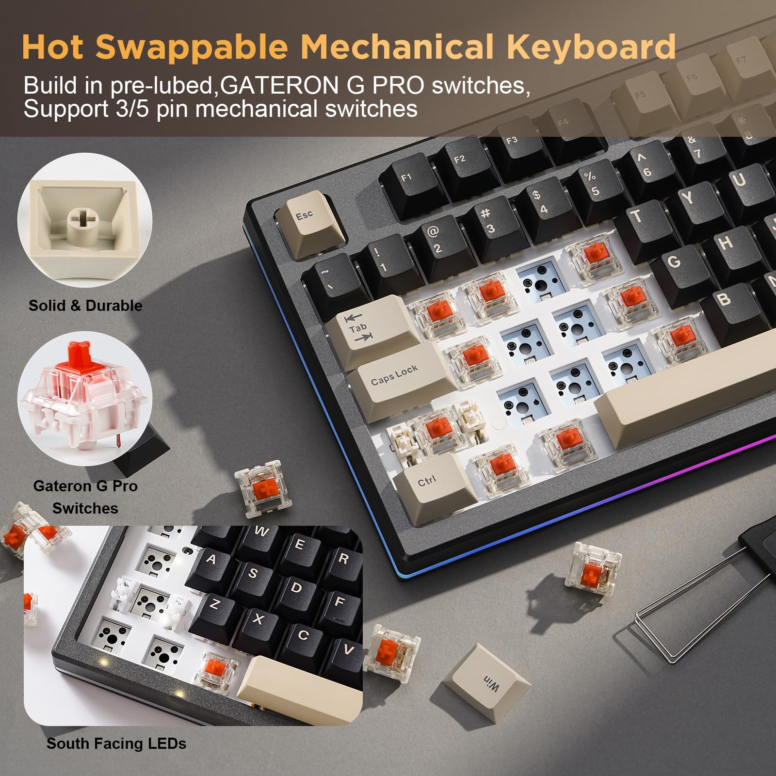 YUNZII YZ75 75% Hot Swappable Wireless Gaming Mechanical Keyboard, RGB Backlights, BT5.0/2.4G/USB-C, Dye Sub PBT Keycaps for Linux/Win/Mac(Gateron G Pro Brown, White)