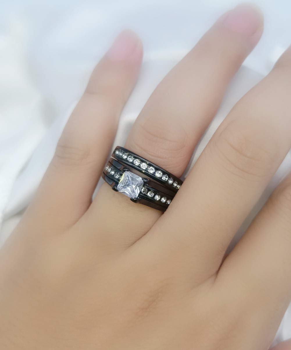 ringheart 2 Rings His Her Wedding Ring Sets for Him and Her Couple Rings Black Matching Ring Women Engagement