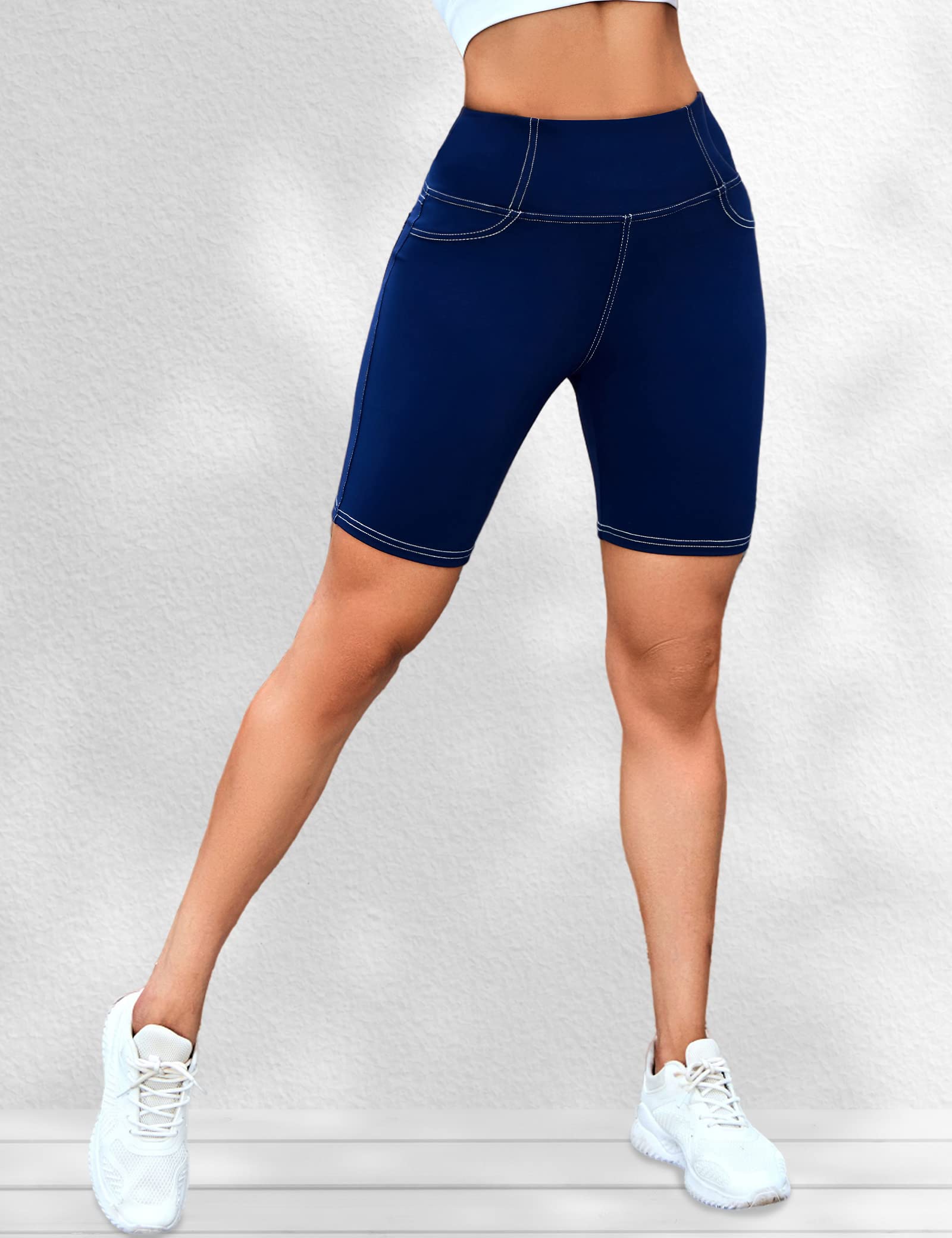 VOOVEEYA 5"/8" High Waisted Yoga Biker Shorts with Pockets for Women - Butt Lifting Workout Spandex Booty Gym Shorts(Denim Blue S)