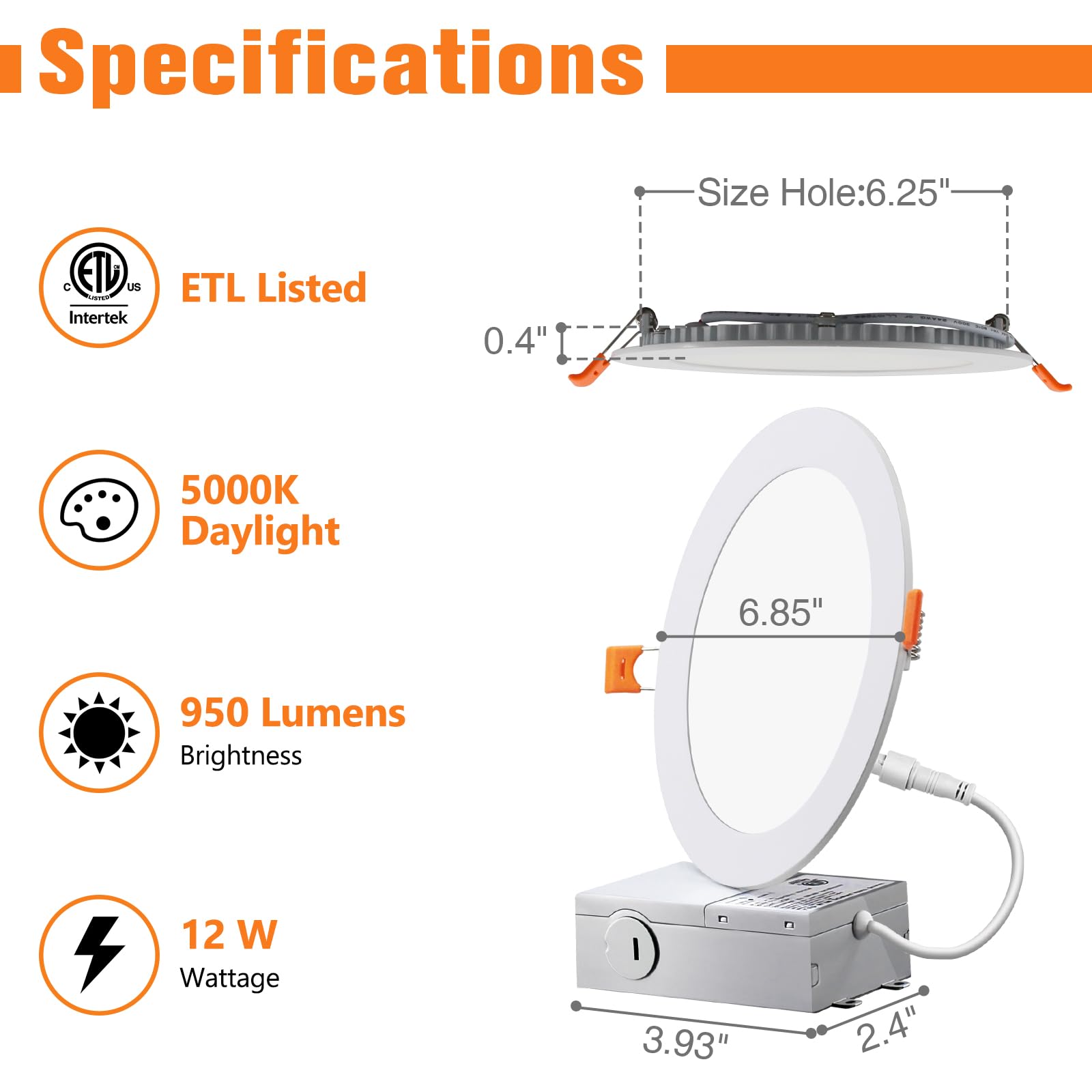 OOOLED 12 Pack Recessed Lighting 6 Inch, LED Ceiling Light Dimmable, Slim LED Recessed Ceiling Light with Junction Box, 12w (100w Eqv), 3000K Warm White, 950LM, Recessed Lights Fixture, ETL Certified