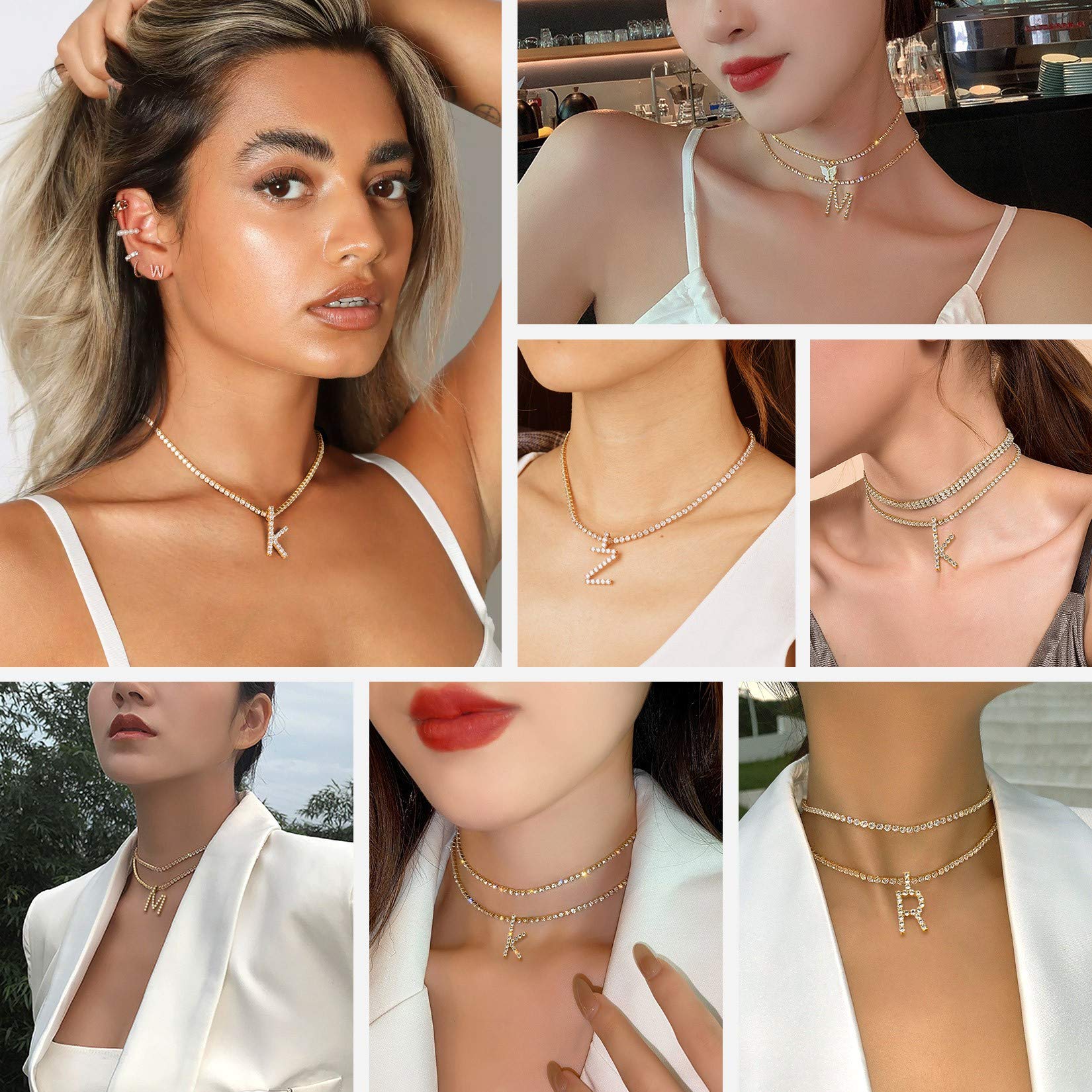 Suplight Tennis Chain Initial Necklace, Choker Chain with Pendant, Womens Bling Necklace, Cubic Zirconia CZ Micro Pave A-Z Alphabet Letter Necklaces for Women