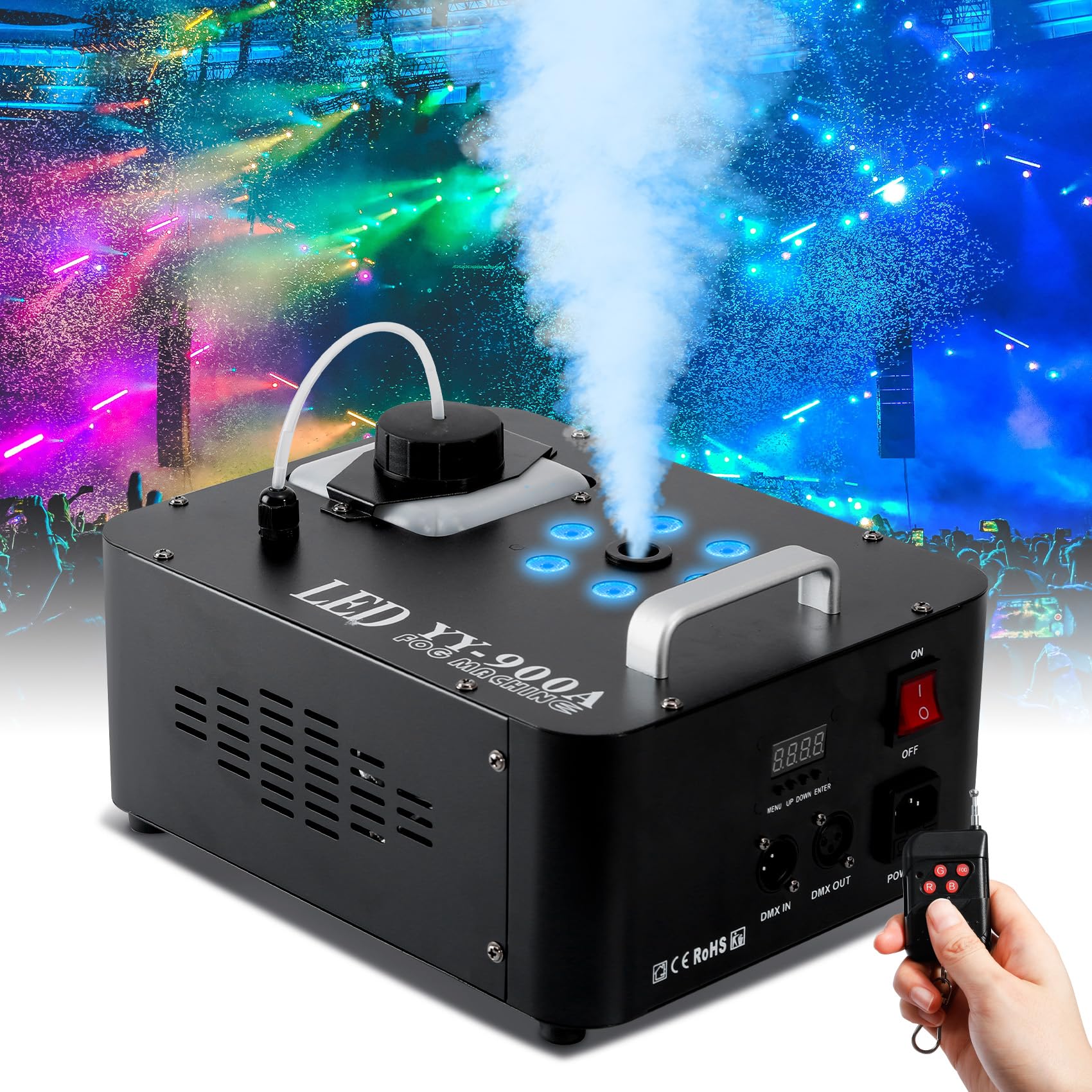 TCFUNDY 900W Fog Machine DMX 6 LED Lights RGB Smoke Machine Vertical Spray W/Remote for Halloween Wedding Party DJ Lighting Stage Effect
