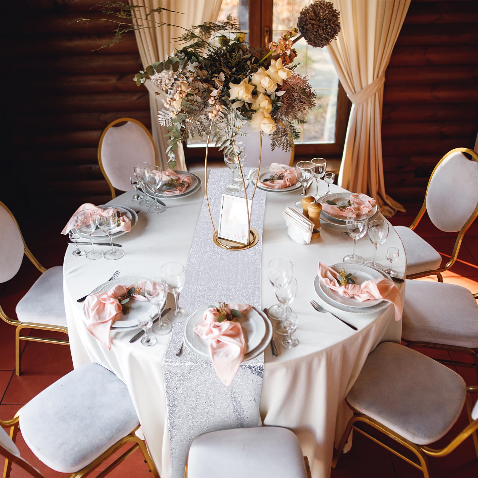 Newwiee 12 Pack Round Plastic Tablecloth 84 Inch with Glitter Sequin Table Runner 12 x 108 Inch Disposable Waterproof Tablecloth for Parties Wedding Baby Shower(Silver, White)