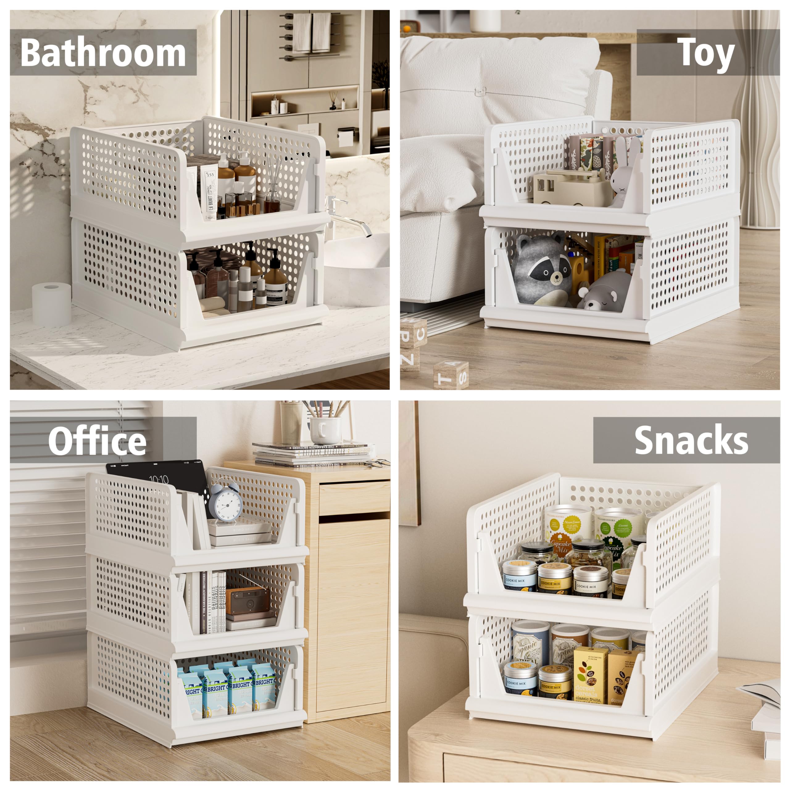 Proarea 4 Pack Stackable Plastic Storage Basket Closet Organizer Bin Foldable Clothes Organizer Storage Drawer Shelf Container for Living Room Bathroom Kitchen Office (4L)