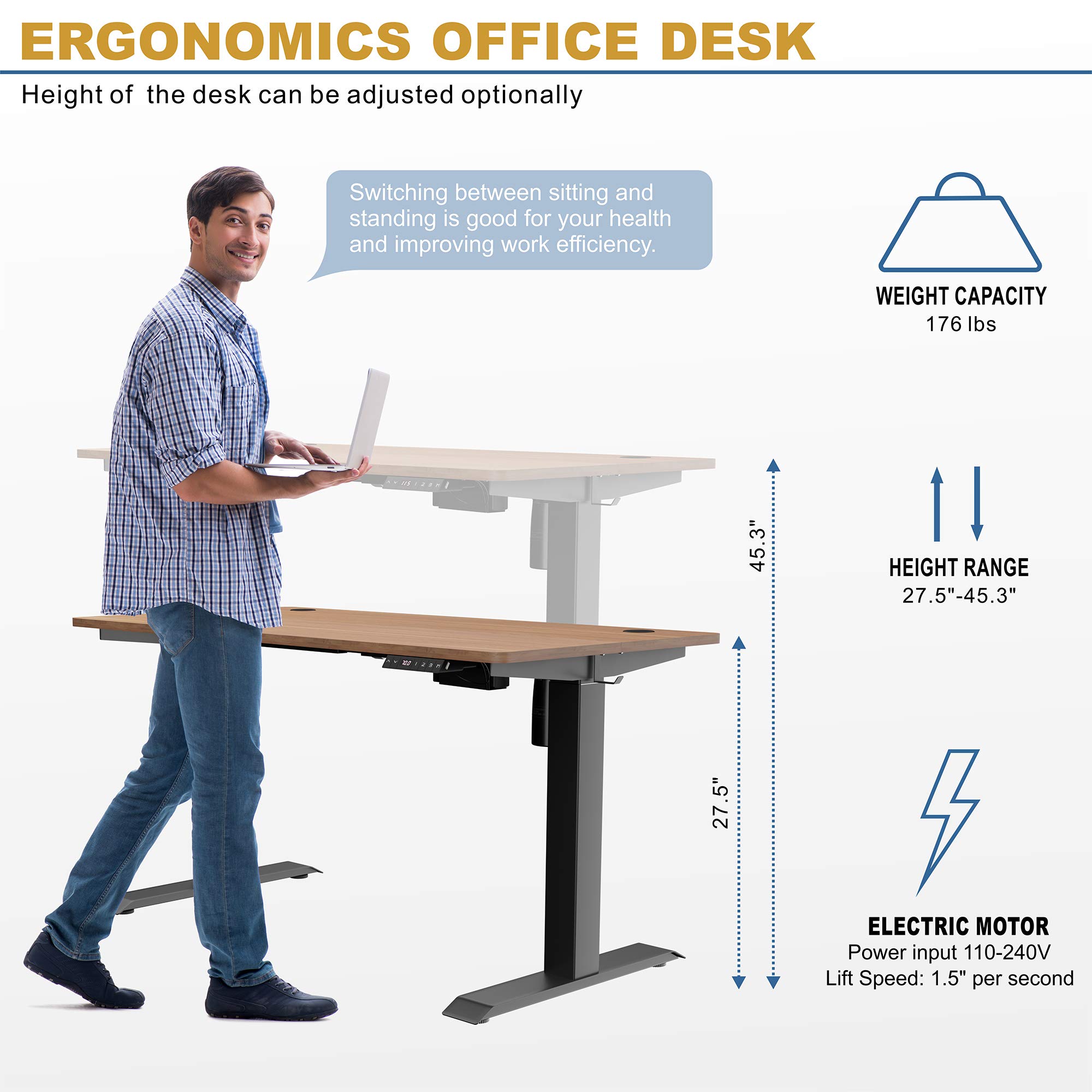 Shintenchi Electric Standing Desk, 48 x 24 Inch Height Adjustable Sit Stand Desk Morder Home Office Stand Up Desk Computer Work Station with Splice Board, (Black Frame + Bamboo Top)
