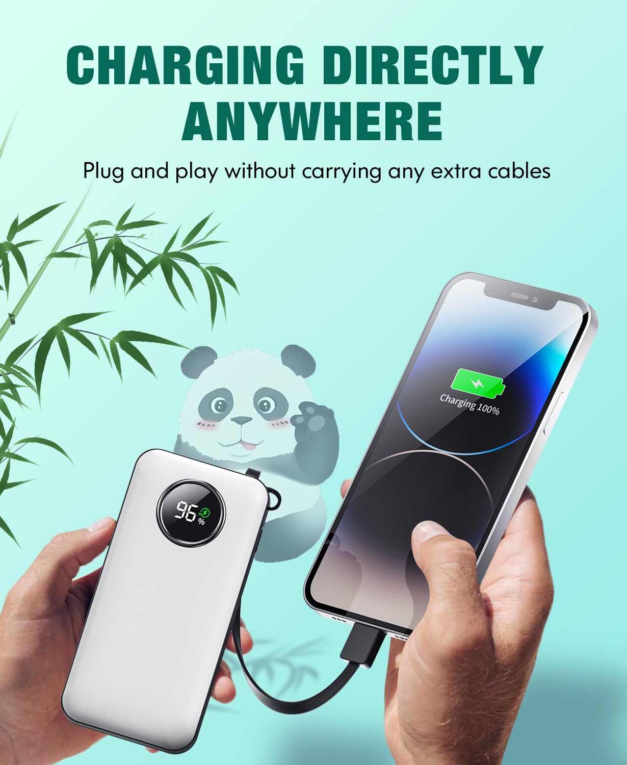 Portable-Charger-Power-Bank - 15000mAh PD 30W Power Bank, Built in Type-C(30W) and iOS(20W) Output Cables LED Display for iPhone and Android Phones and Most Electronic Devices