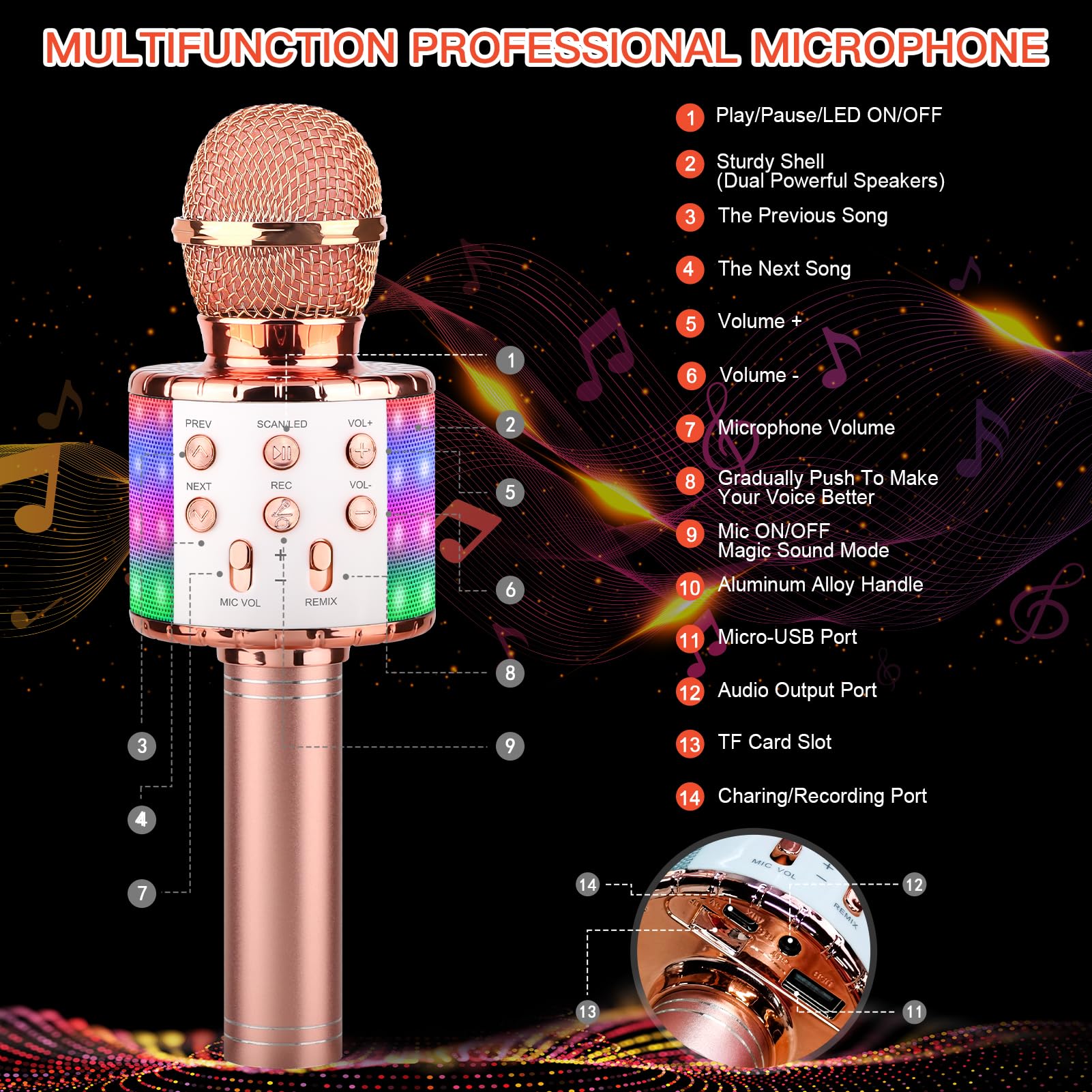 ShinePick Karaoke Microphone, 4 in 1 Wireless Microphone with LED Lights Handheld Portable Karaoke Machine, Home KTV Player, Compatible with Android & iOS Devices(Pink)