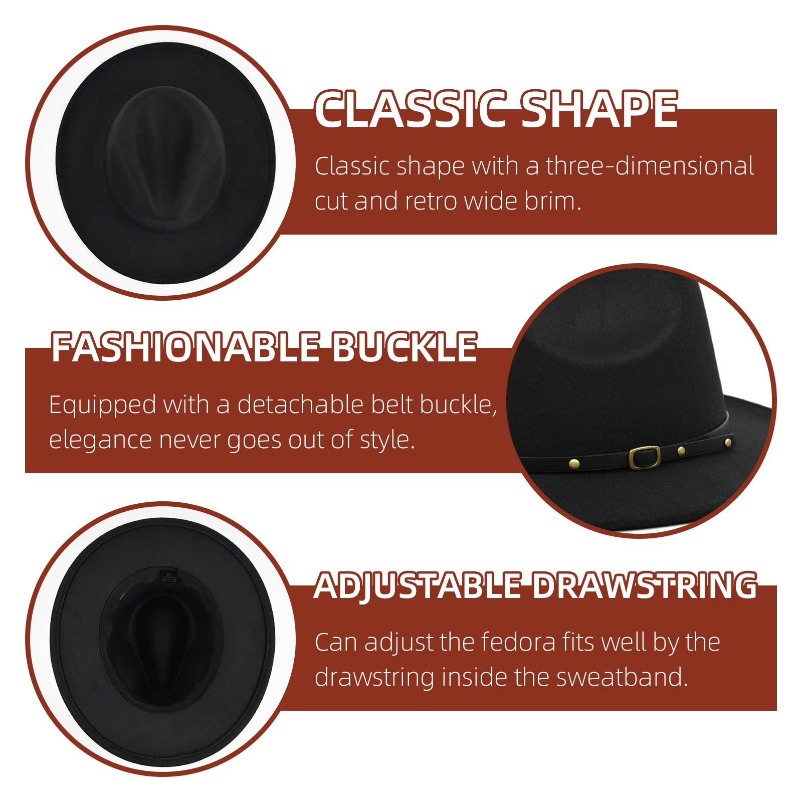 Women Classic Belt Buckle Fedora Hat, 2 Pack Wide Brim Panama Hat Lady Retro Wide Brim Fedora Hat