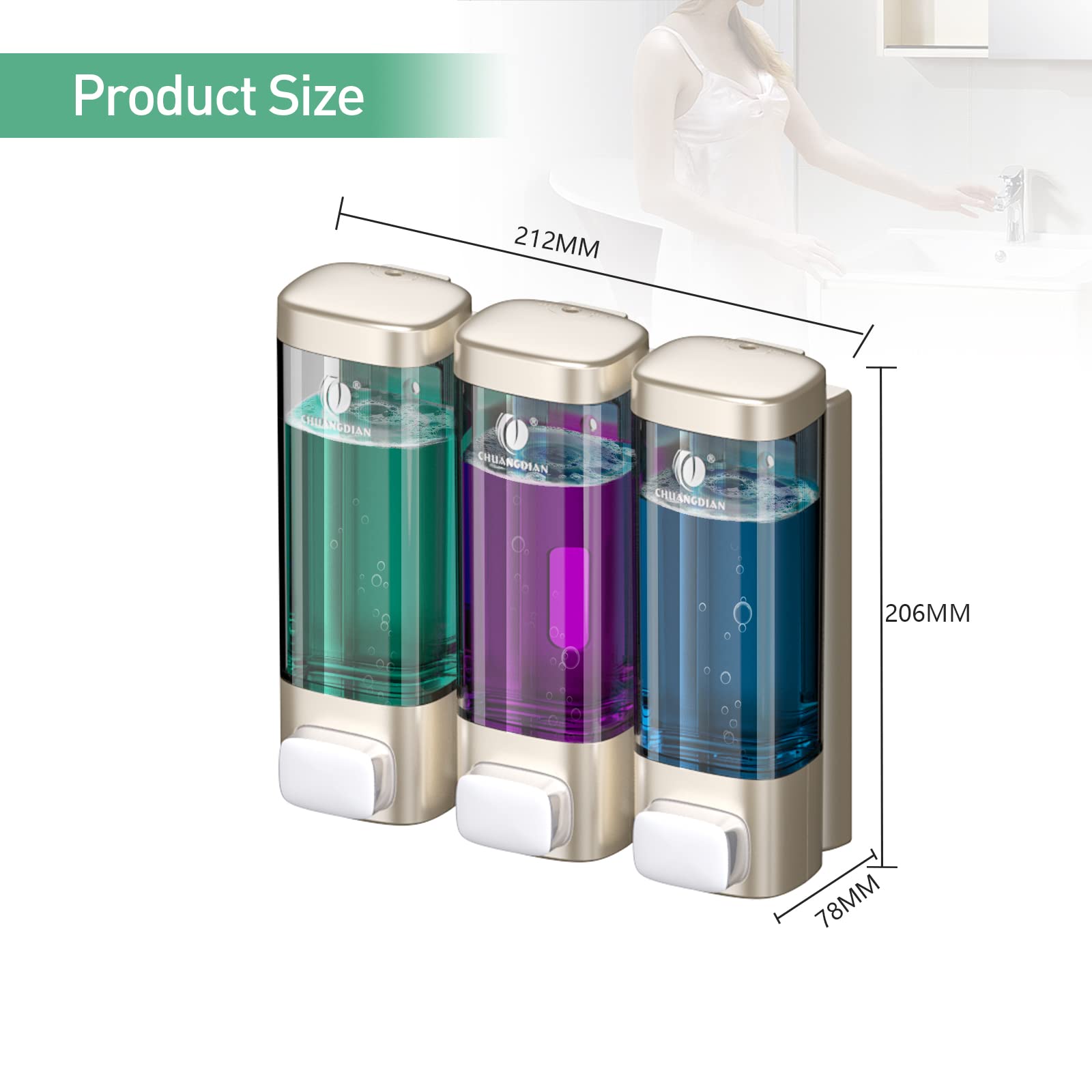 Soap Dispenser for Shower Wall 320mlx3 Chamber Gold No Drill Body Wash Shampoo and Conditioner Dispenser Bathroom