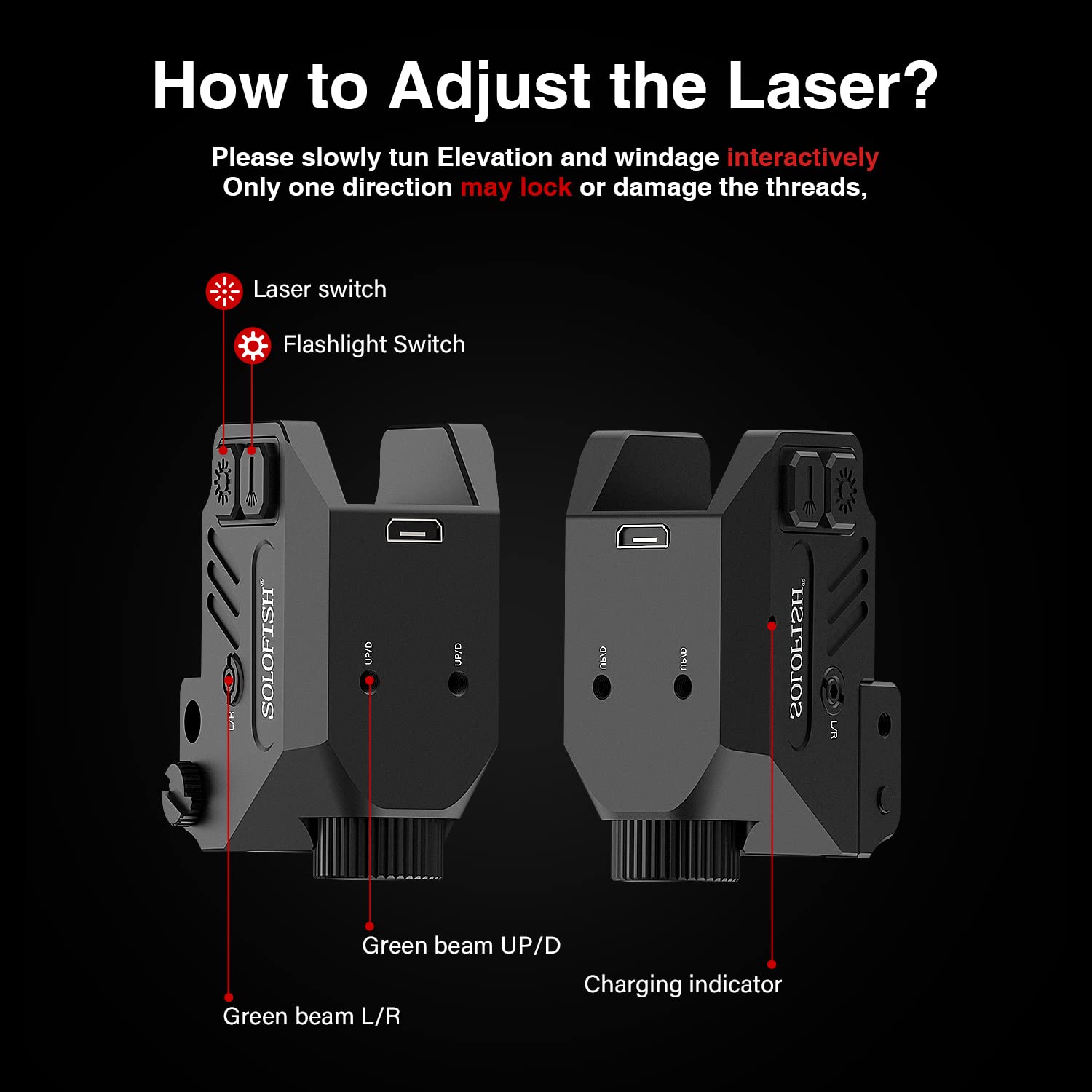 SOLOFISH 500 Lumens Pistol Light with Purple Green Laser Sight and Strobe Tactical Flashlight Combo, Rechargeable Weapon Light and Beams for Guns/Handguns W/a Rail