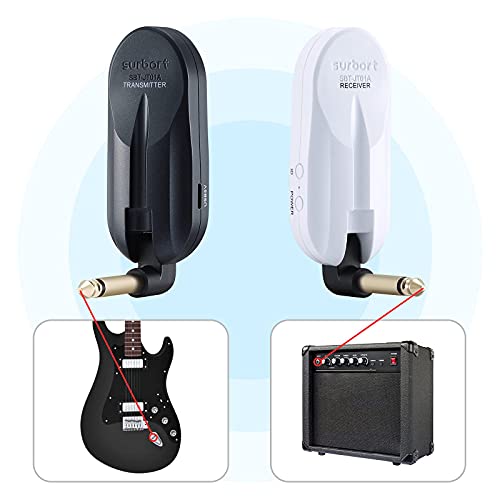 Surbort Wireless Guitar System, 5.1G/5.8G Dual Frequency Transmitter and Receiver, 18H Endurance 30m Transmission Distance with Charging Case,for Electric Guitar、Bass (White)