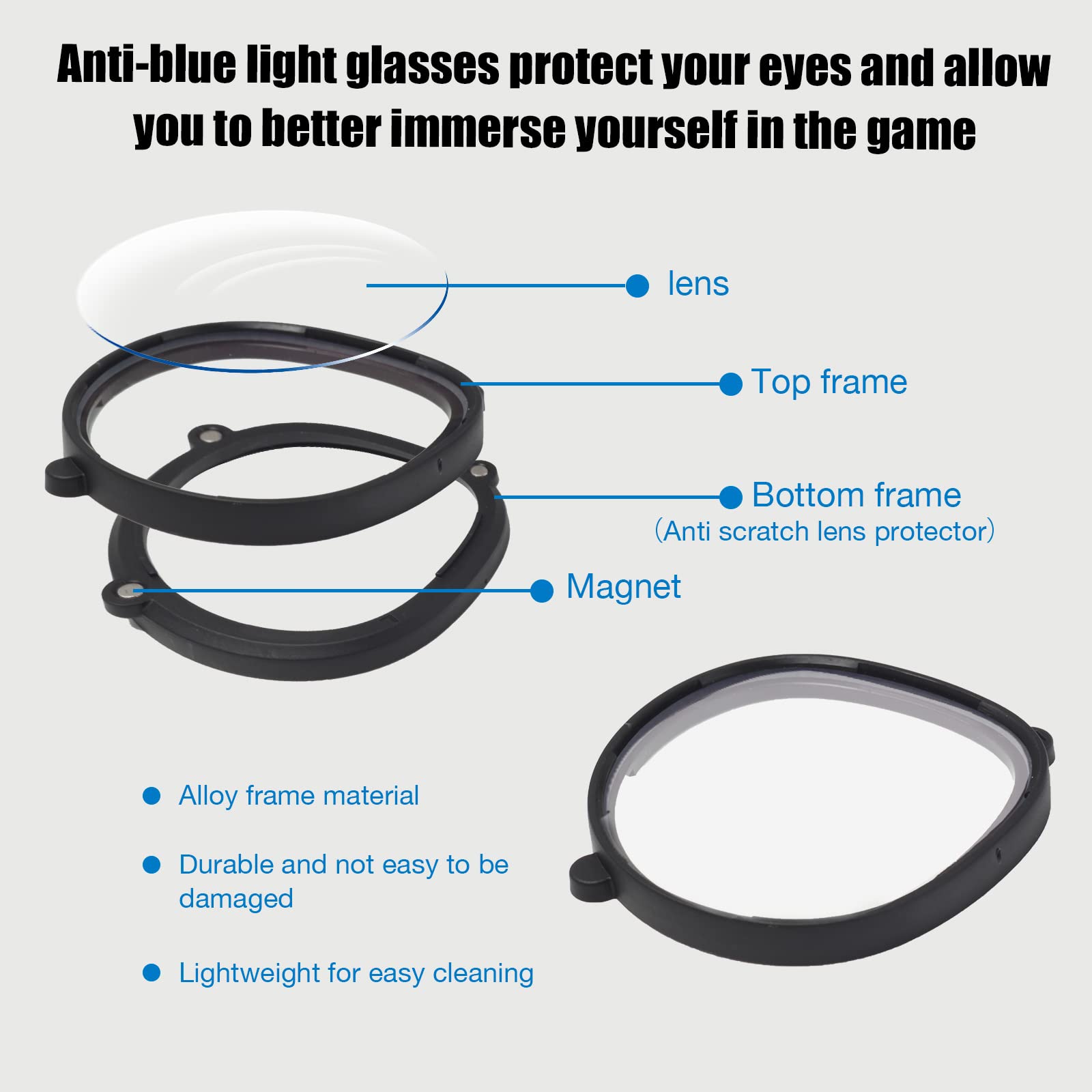 VR Anti-Blue Light Glasses Suitable for Oculus Quest 2 ,VR Accessories with Magnetic Frame and Blue Light-Blocking Lenses,Support The Replacement of Lenses to Suit Your Myopia(Black)