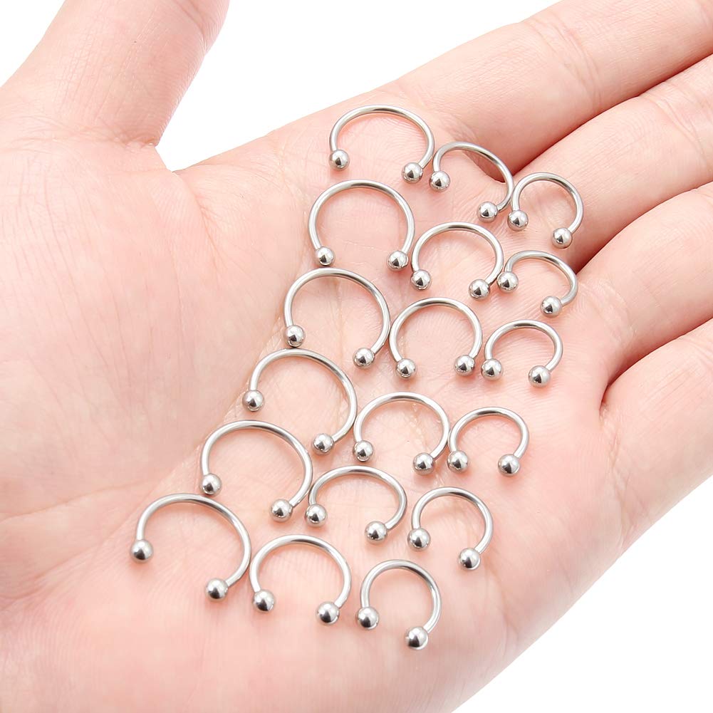 SCERRING 18PCS 16G Stainless Steel Nose Horseshoe Hoop Rings Eyebrow Lip Ear Tragus Septum Piercing Hanger Retainer 8mm 10mm 12mm Silver